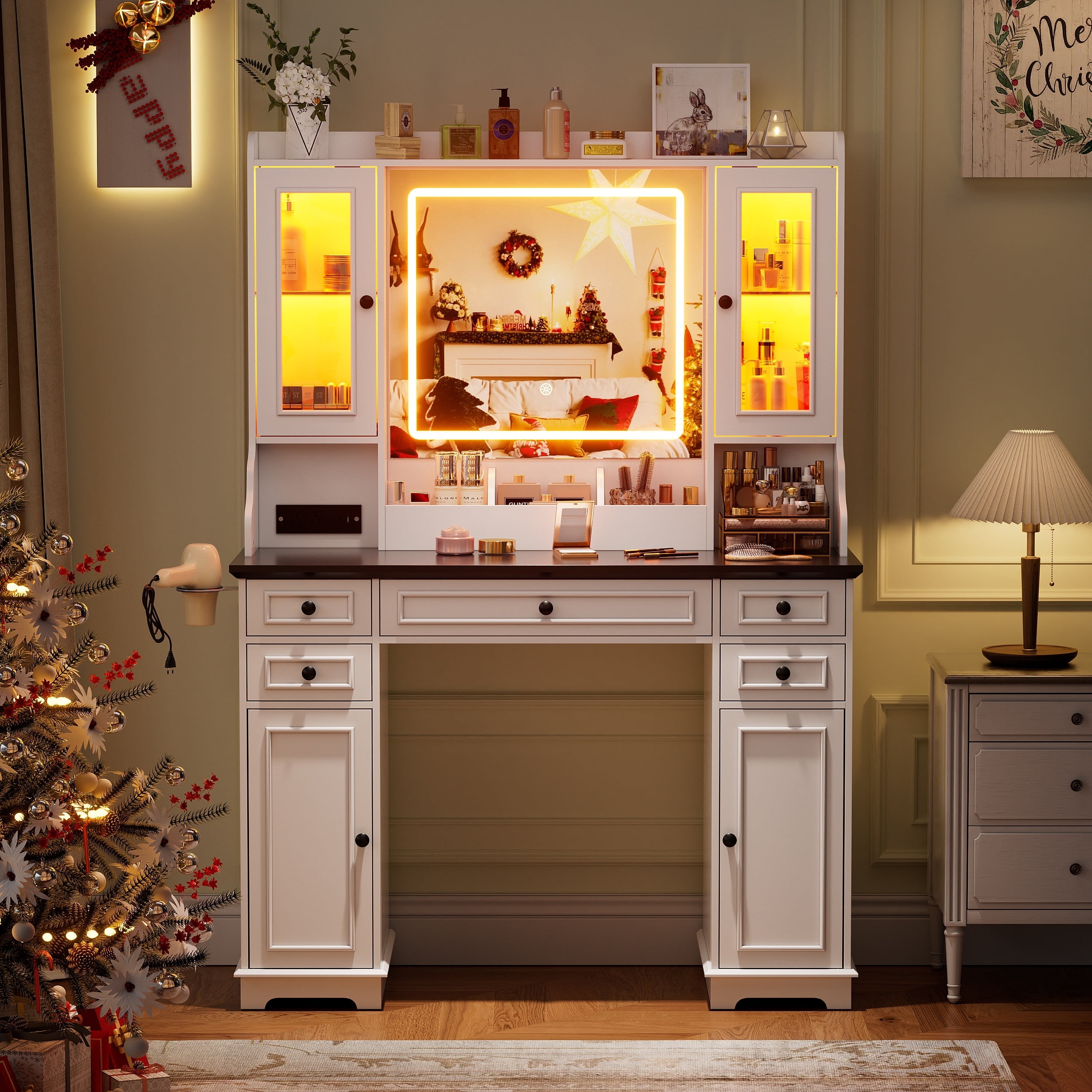 TZUTOGETHER White Corner Vanity Set with Lighted Mirror, Makeup Table ...