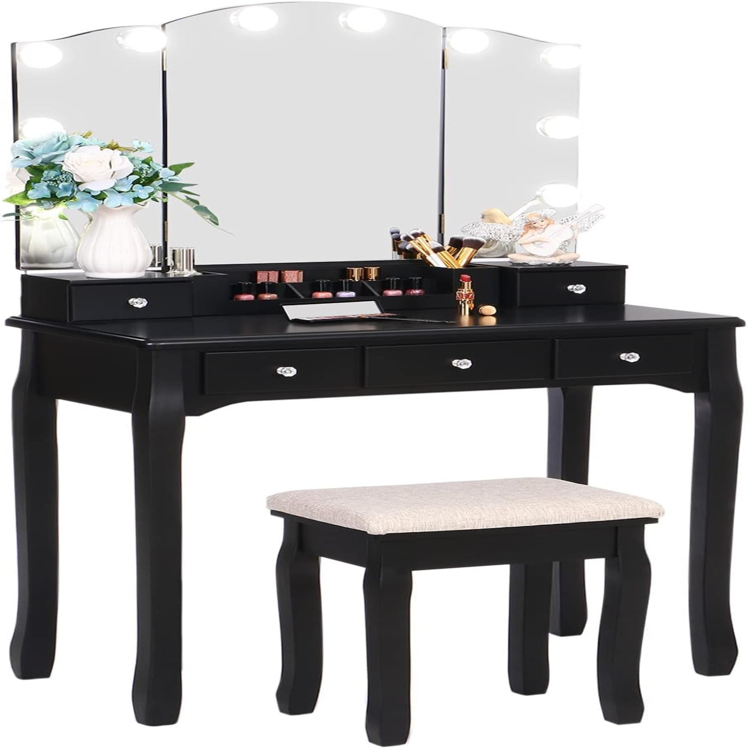 Vanity Set with Lighted Mirror Vanity with Tri-Folding Mirror 10 LED ...