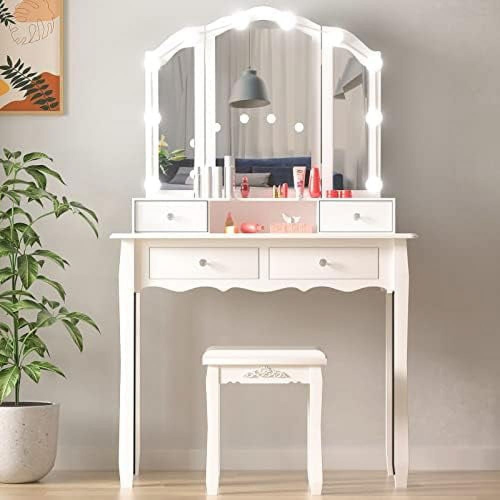 Vanity Set with Lighted Mirror White Dressing Table Vanity with Tri ...