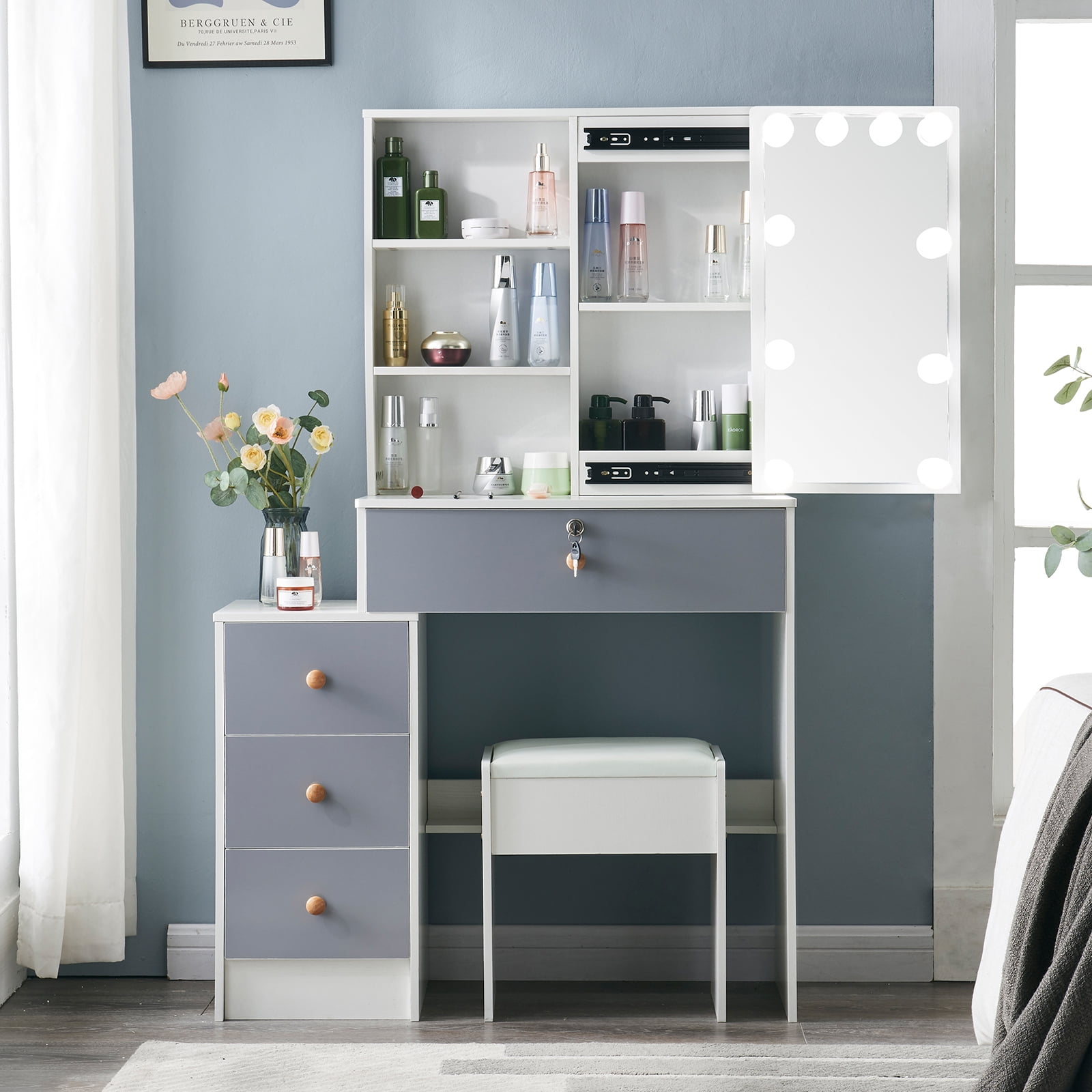 JBLCC Vanity Set with Lighted Sliding Mirror, 4-Drawer Dresser Desk ...