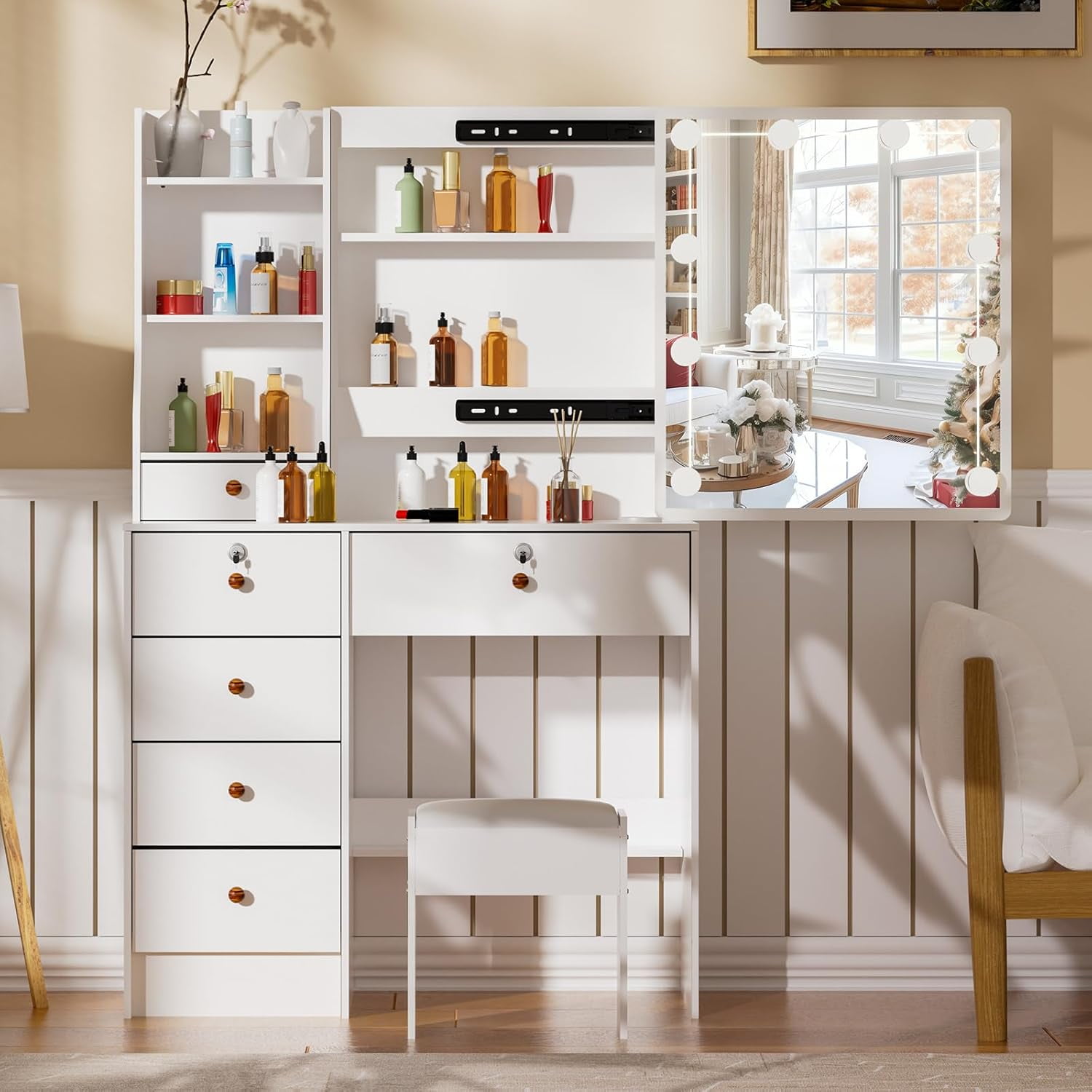 Vanity Set with Mirror and Lights, Vanity Table with Stool, Lighted Mirror 10 Dimmable Bulbs, 6 ...