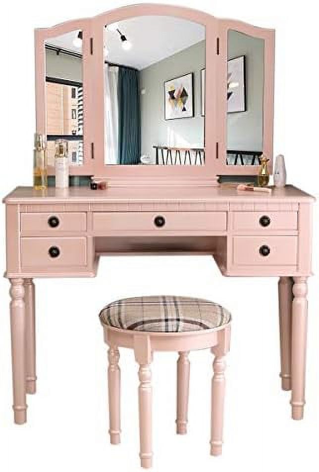 Vanity Set Table with Cushioned Stool and Tri-Folding Mirror 5 Drawers Dressing Table for ...