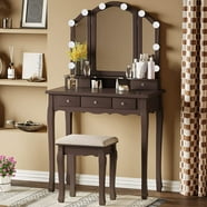 Angel Line Ella Vanity Table and Stool Set w/ Tri-Folding Mirror, White ...