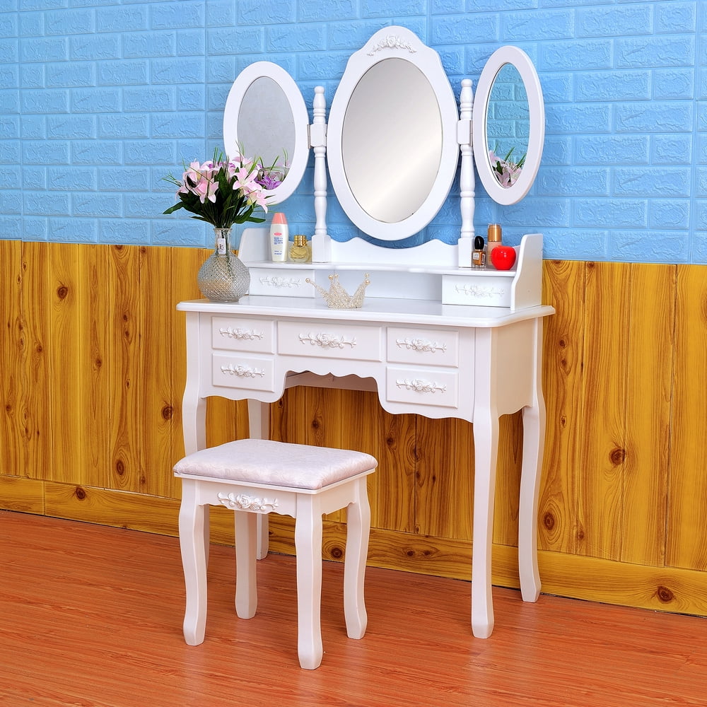 Vanity Set w/ 3 Folding Mirror and Cushioned Makeup Vanity Stool ...