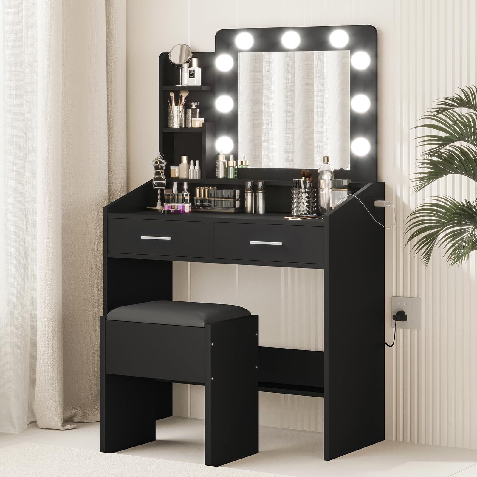 Vanity Set with 3 Color Lighted Mirror, Vanity Table Makeup Desk with ...