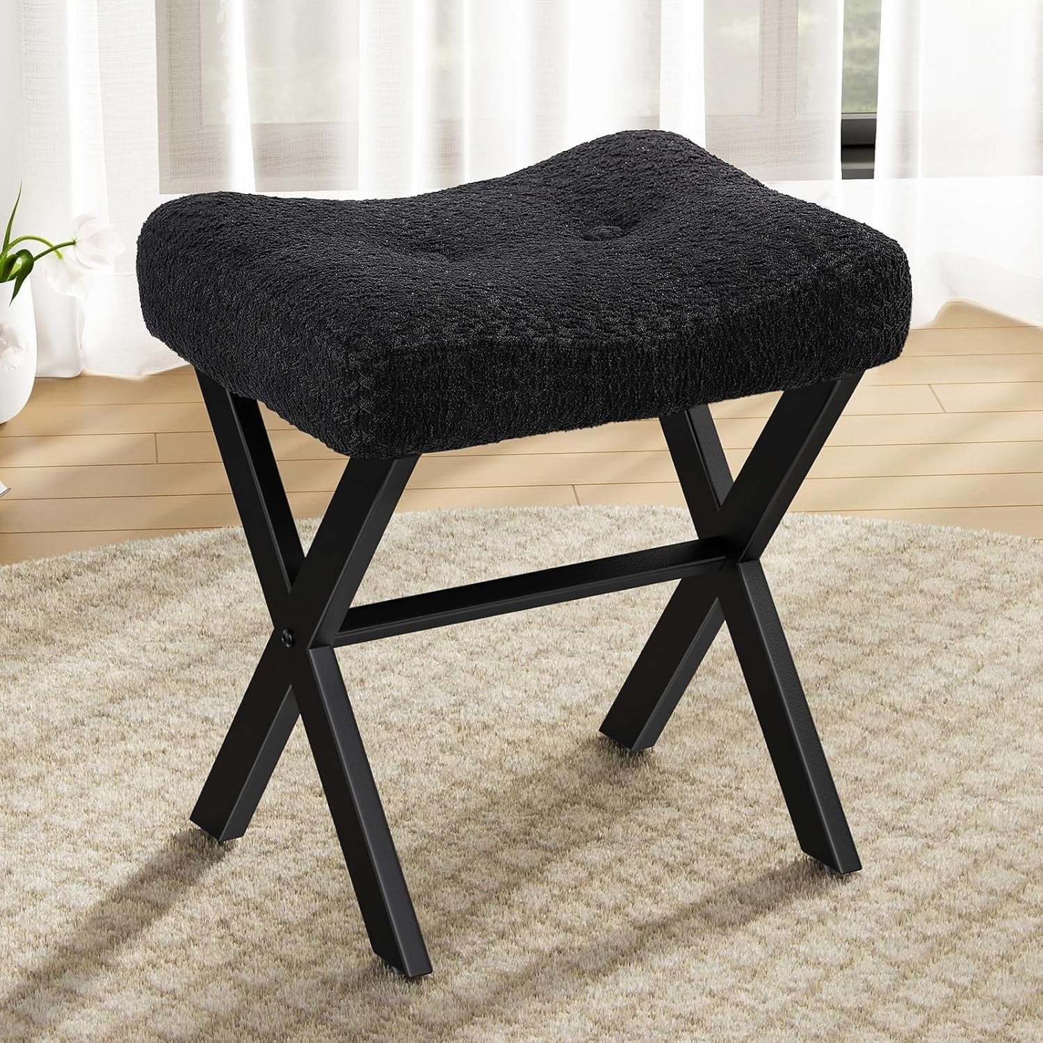 Vanity Stool, 18 Inch Saddle Seat Makeup Stool with Metal X Legs ...