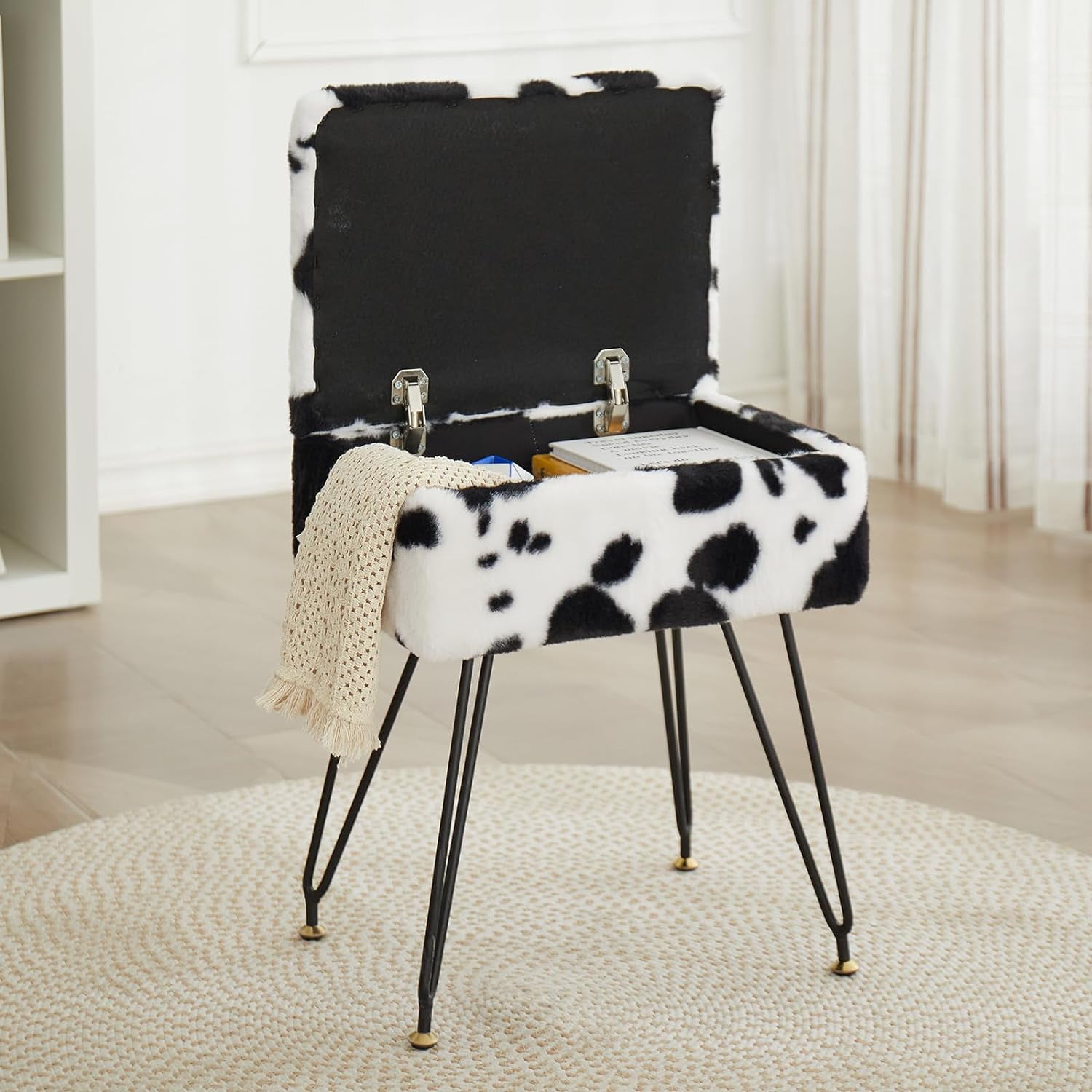 Vanity Stool Chair, Faux Fur Ottoman Foot Stool with Metal Legs ...