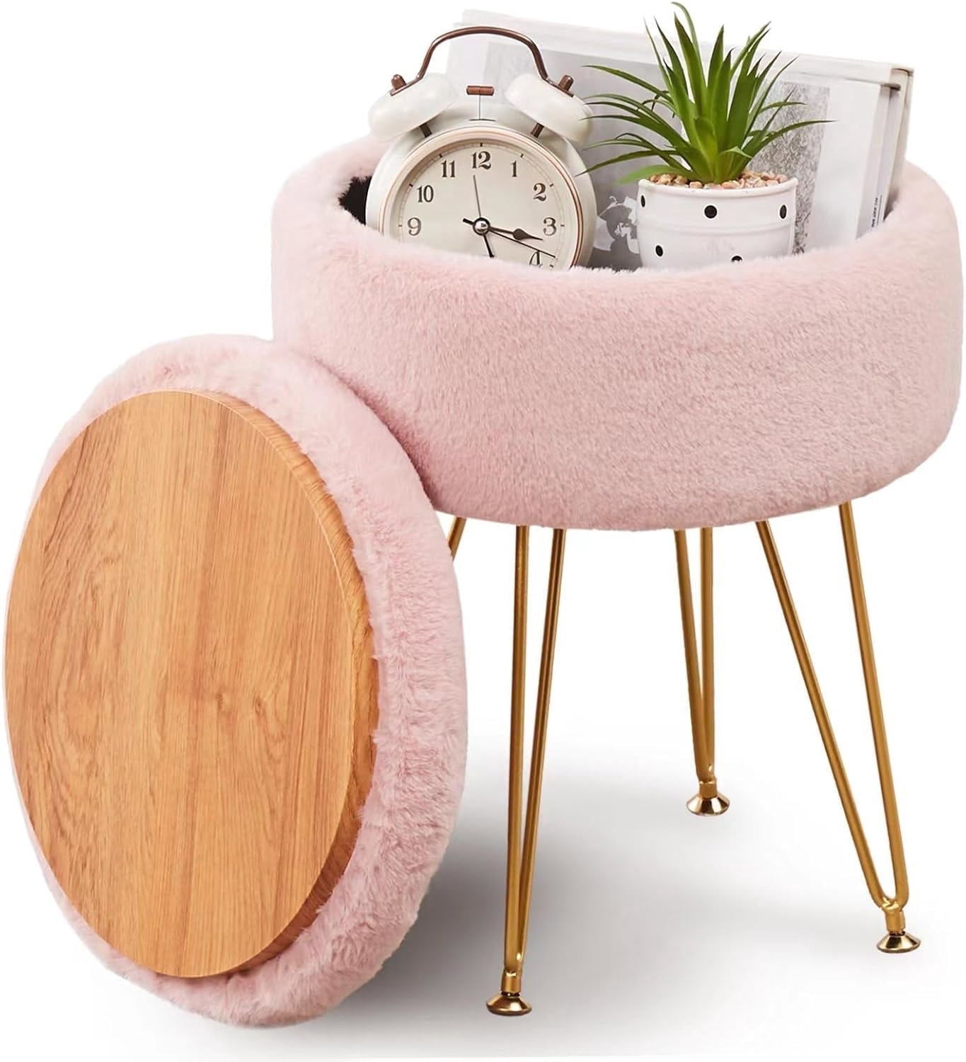 Vanity Stool Chair Faux Fur with Storage, 13"L x 13"W x 17"H Soft ...