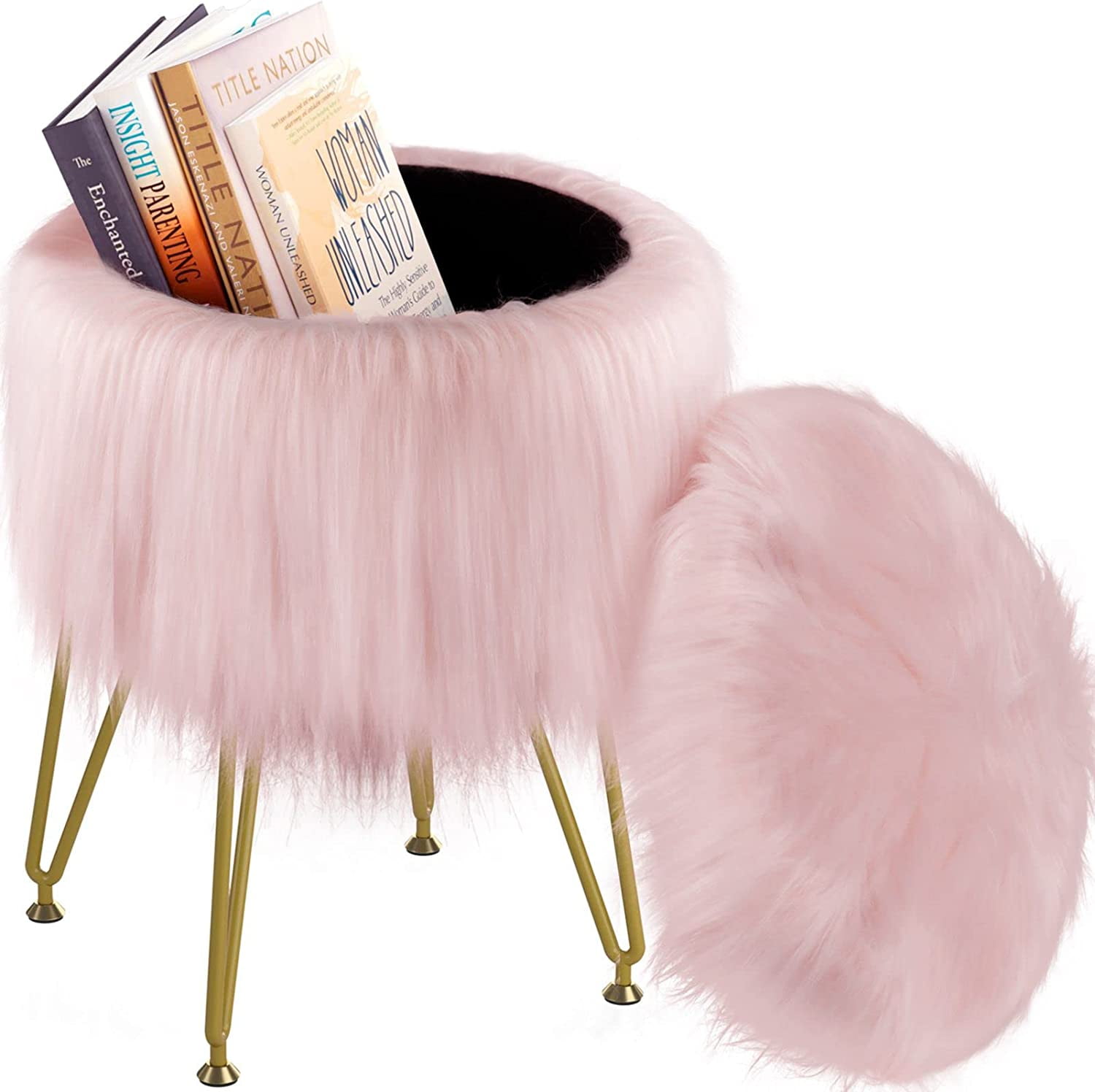 Vanity Stool Chair with Storage, Faux Fur Makeup Room Seat Stool, Soft ...