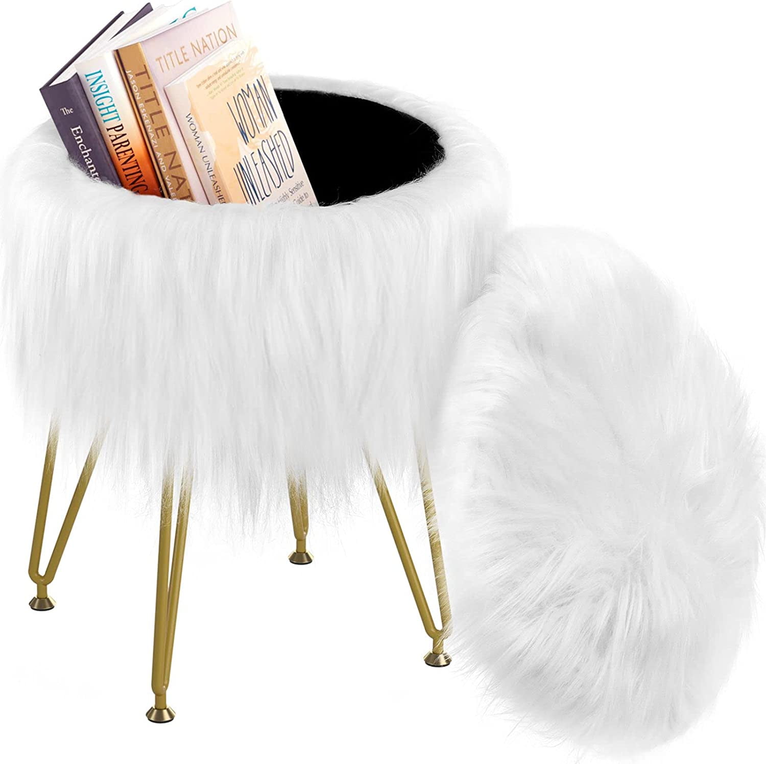 Vanity Stool Chair with Storage, Faux Fur Makeup Room Seat Stool, Soft ...