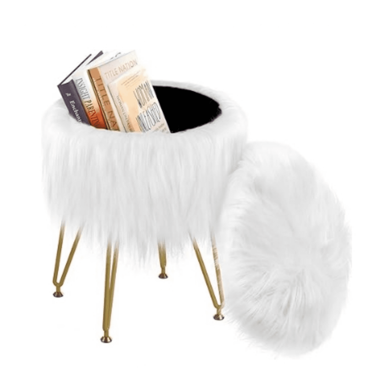 Vanity Stool Chair with Storage, Faux Fur Makeup Room Seat Stool, Soft ...