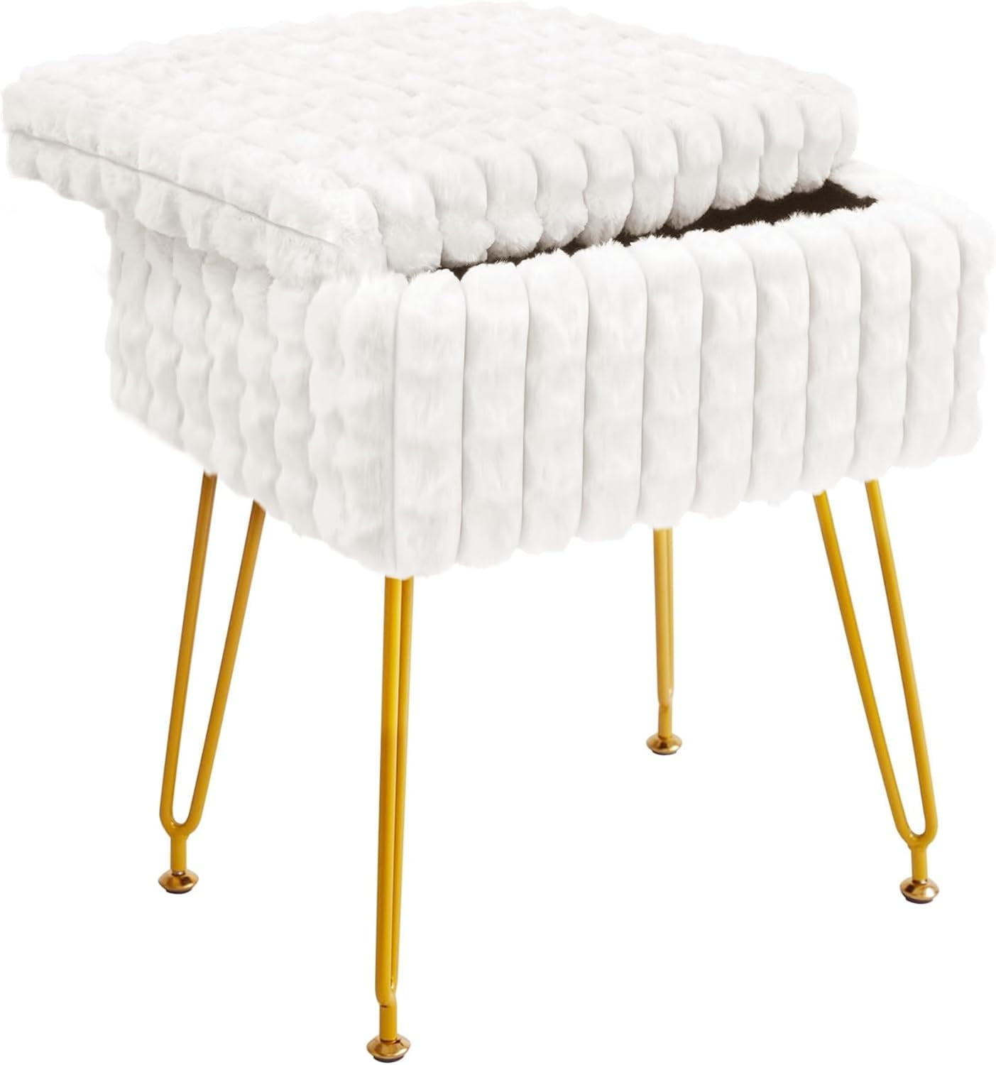 Vanity Stool Chair with Storage, Faux Fur Vanity Stool，Modern Soft ...