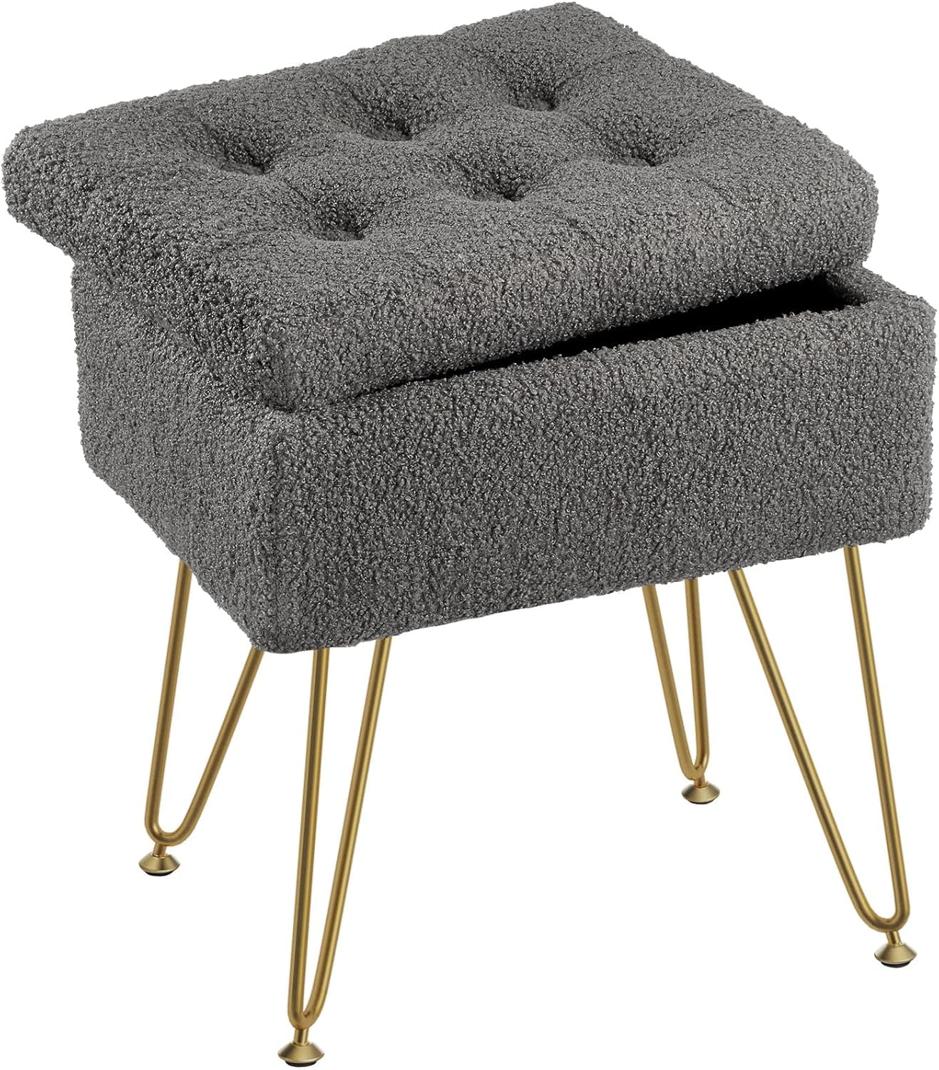 Vanity Stool Chair with Storage, Teddy Velvet Soft Ottoman, 4 Metal ...
