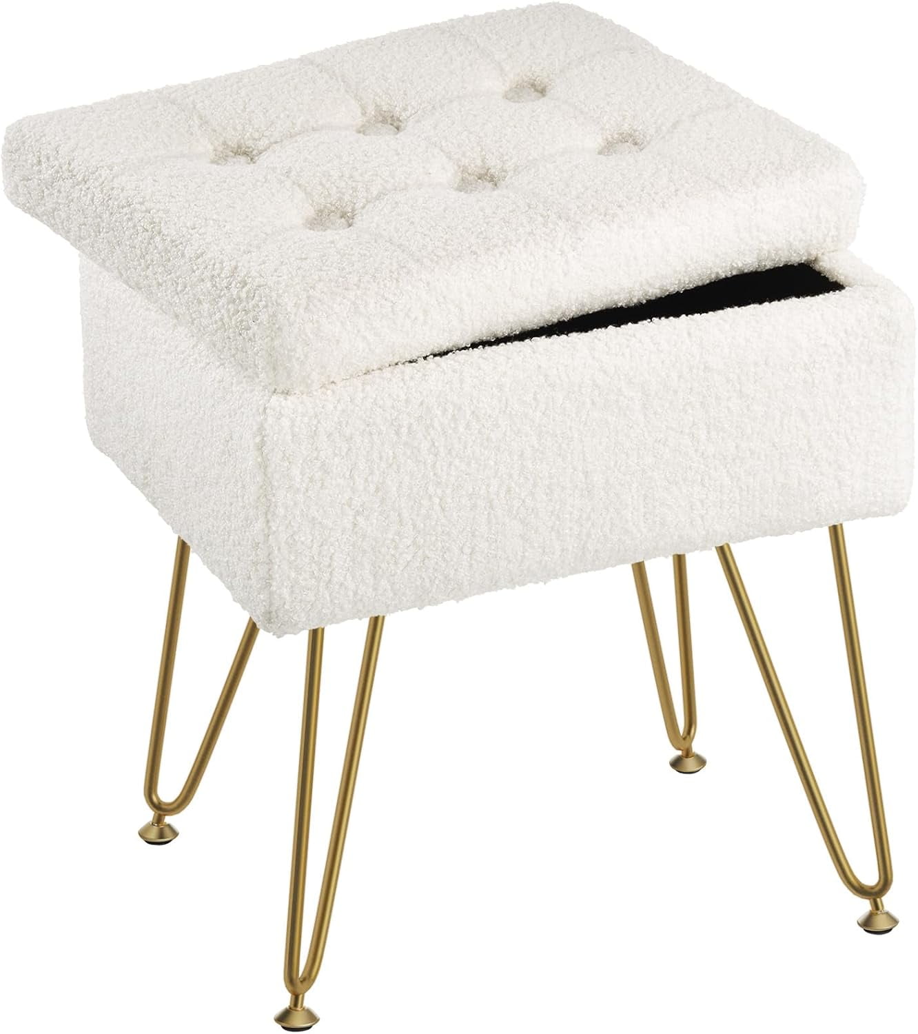 Vanity Stool Chair with Storage, Teddy Velvet Soft Ottoman, 4 Metal ...