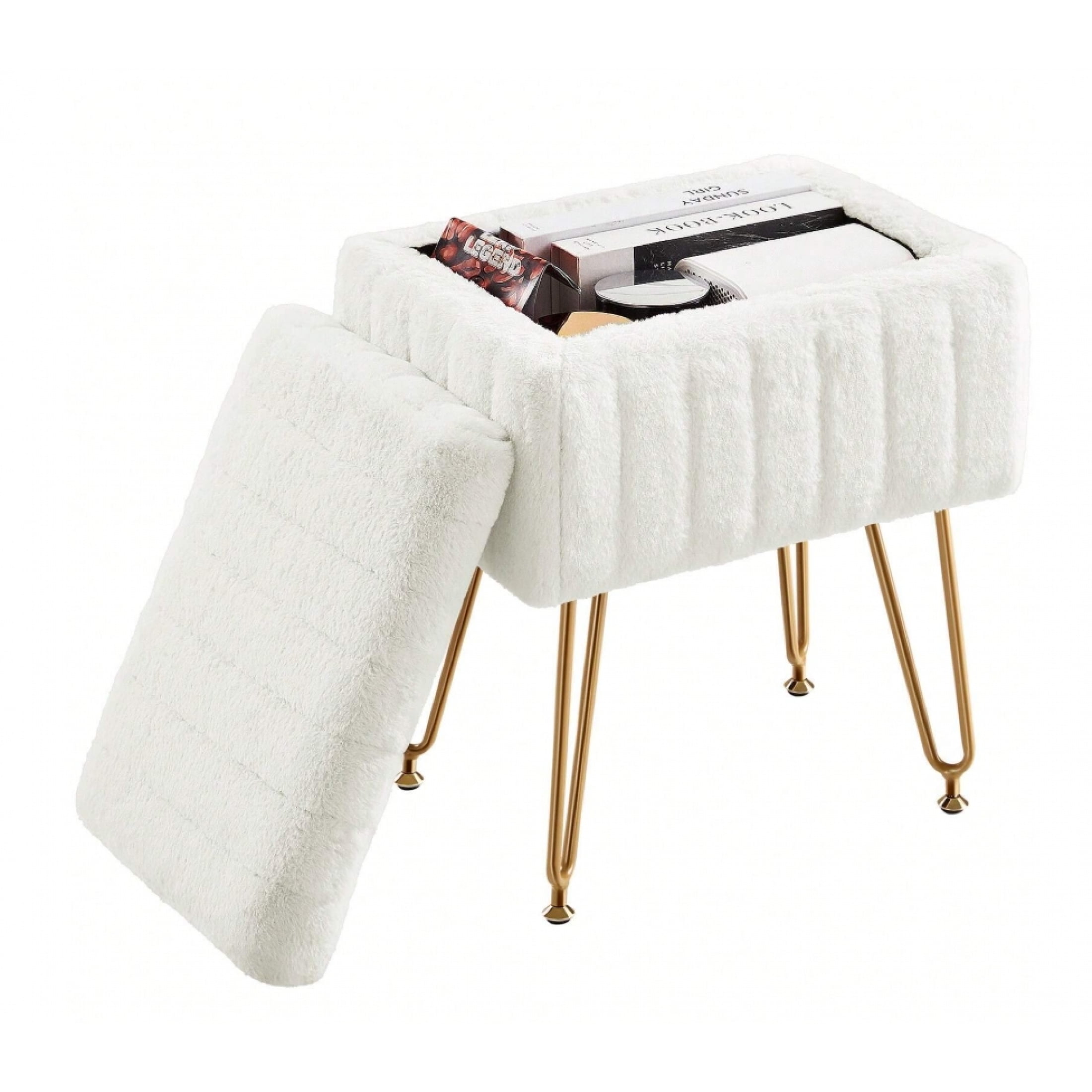 Vanity Stool Chair With Storage, 4 Metal Legs Anti-Slip Adjustable Feet ...