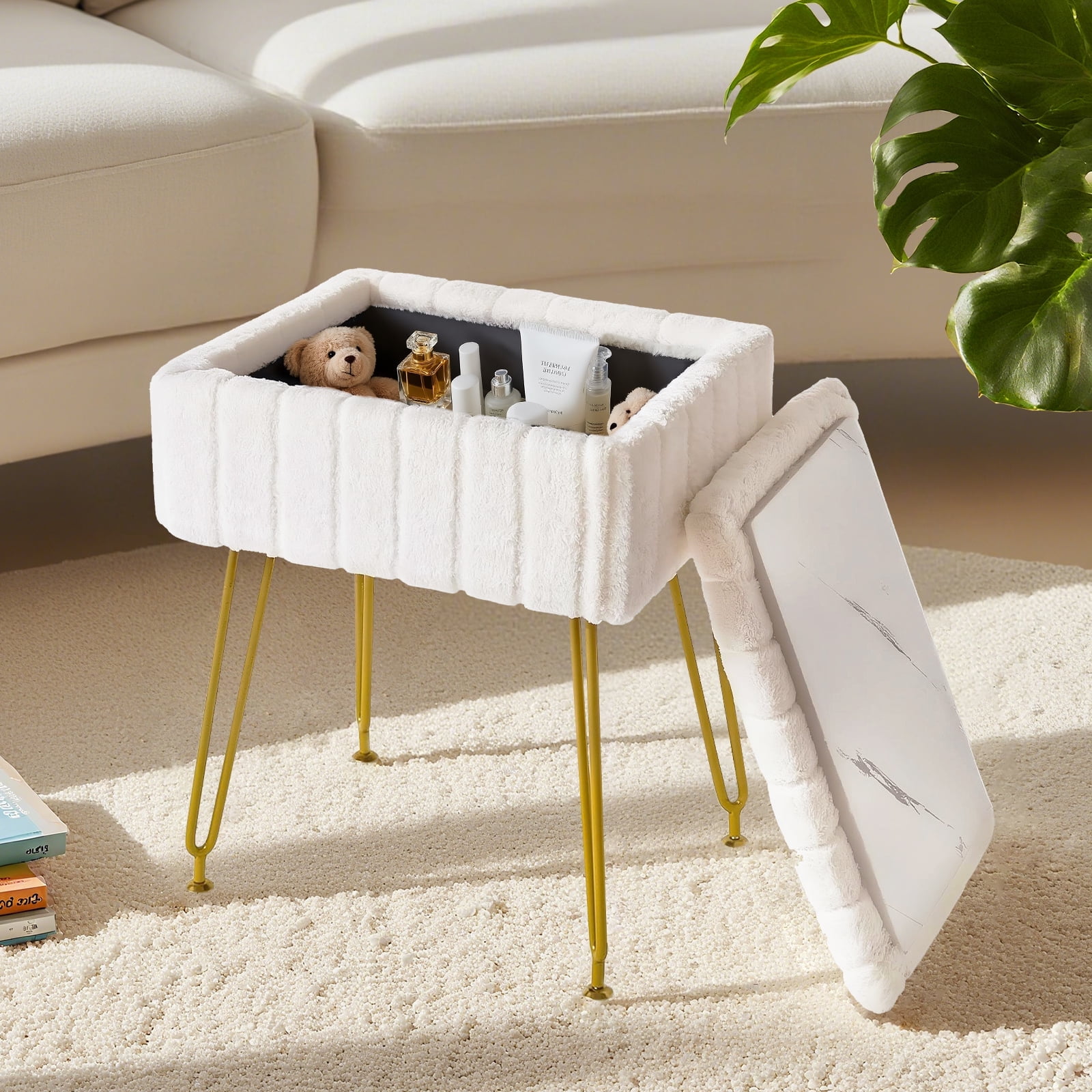 Haewon Faux Fur Vanity Stool with Storage, Makeup Ottoman Chair with ...