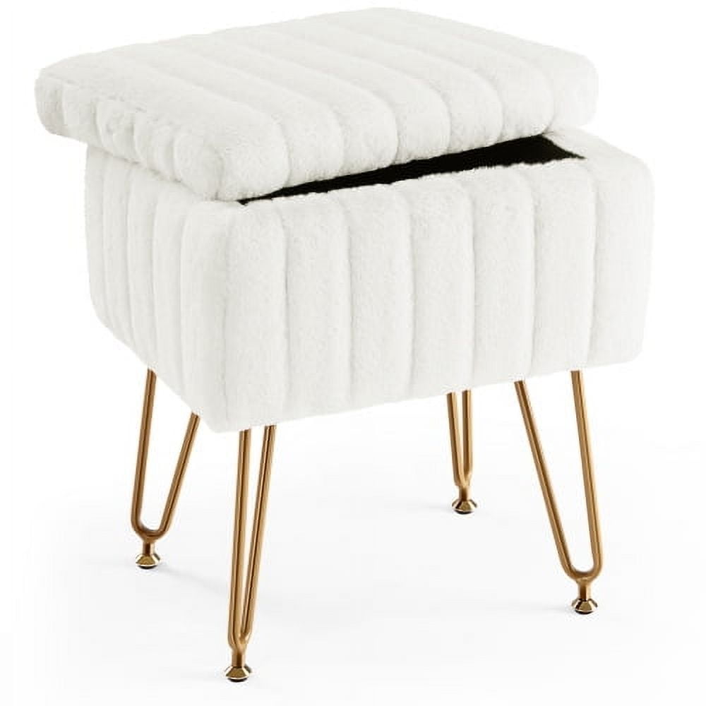 Vanity Stool Chair with Storage, Ottoman Faux Fur Soft Padded Makeup ...