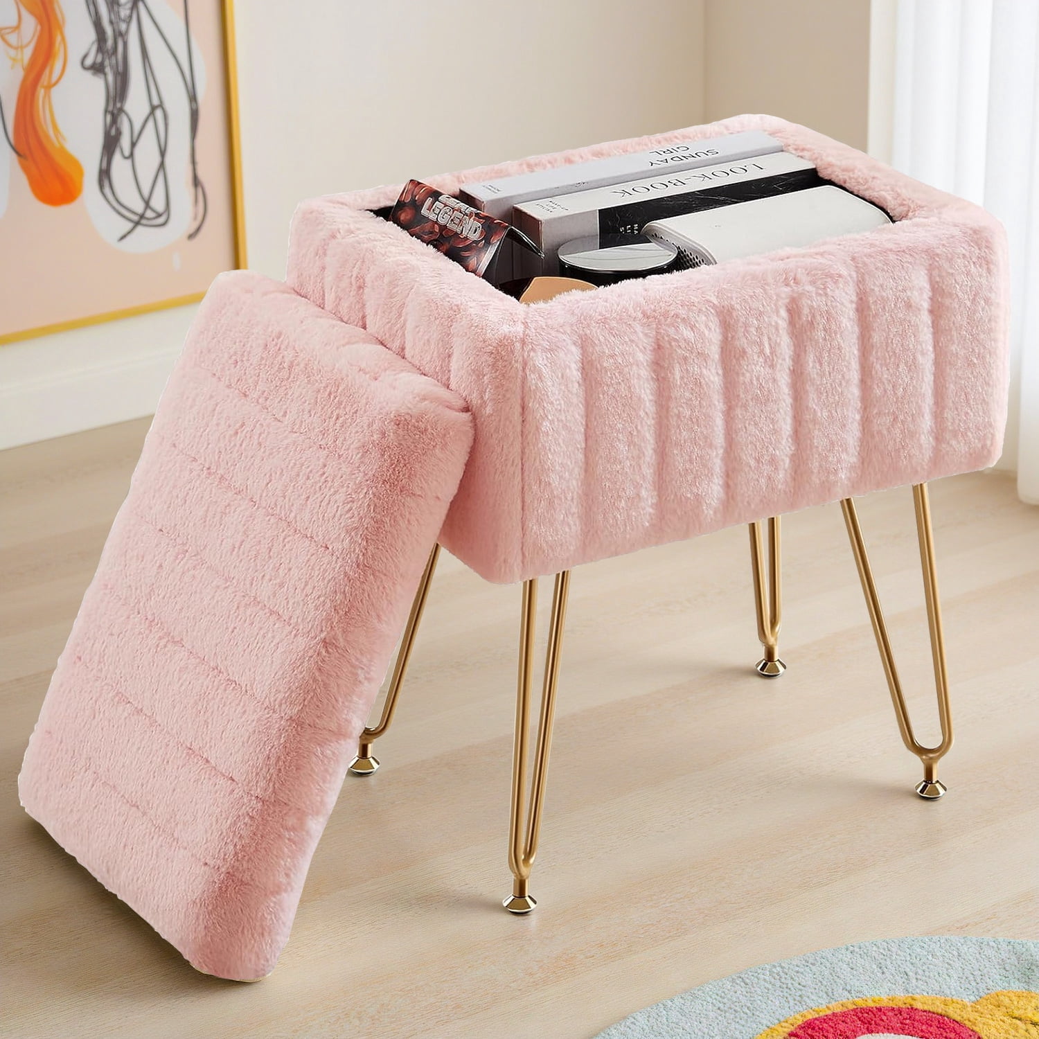 Vanity Stool Chair with Storage Space,Faux Fur Ottoman Small Makeup ...