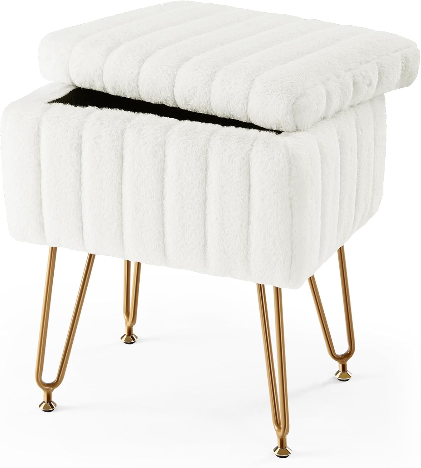 Vanity Stool Chairs Faux Fur with Storage, Cute Soft Ottoman with Metal ...