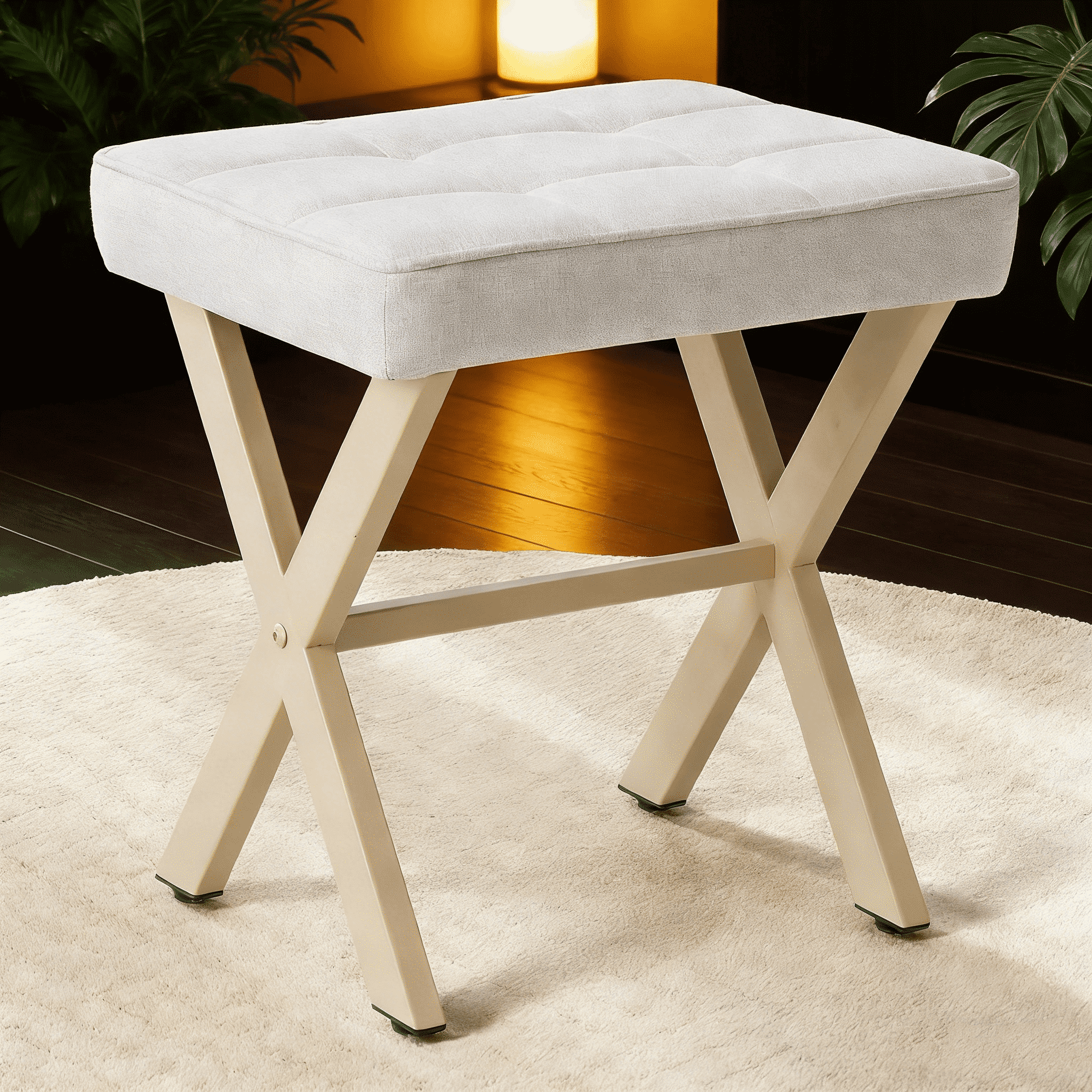 Vanity Stool Ottoman, Square Linen Makeup Stool with Metal X Legs ...