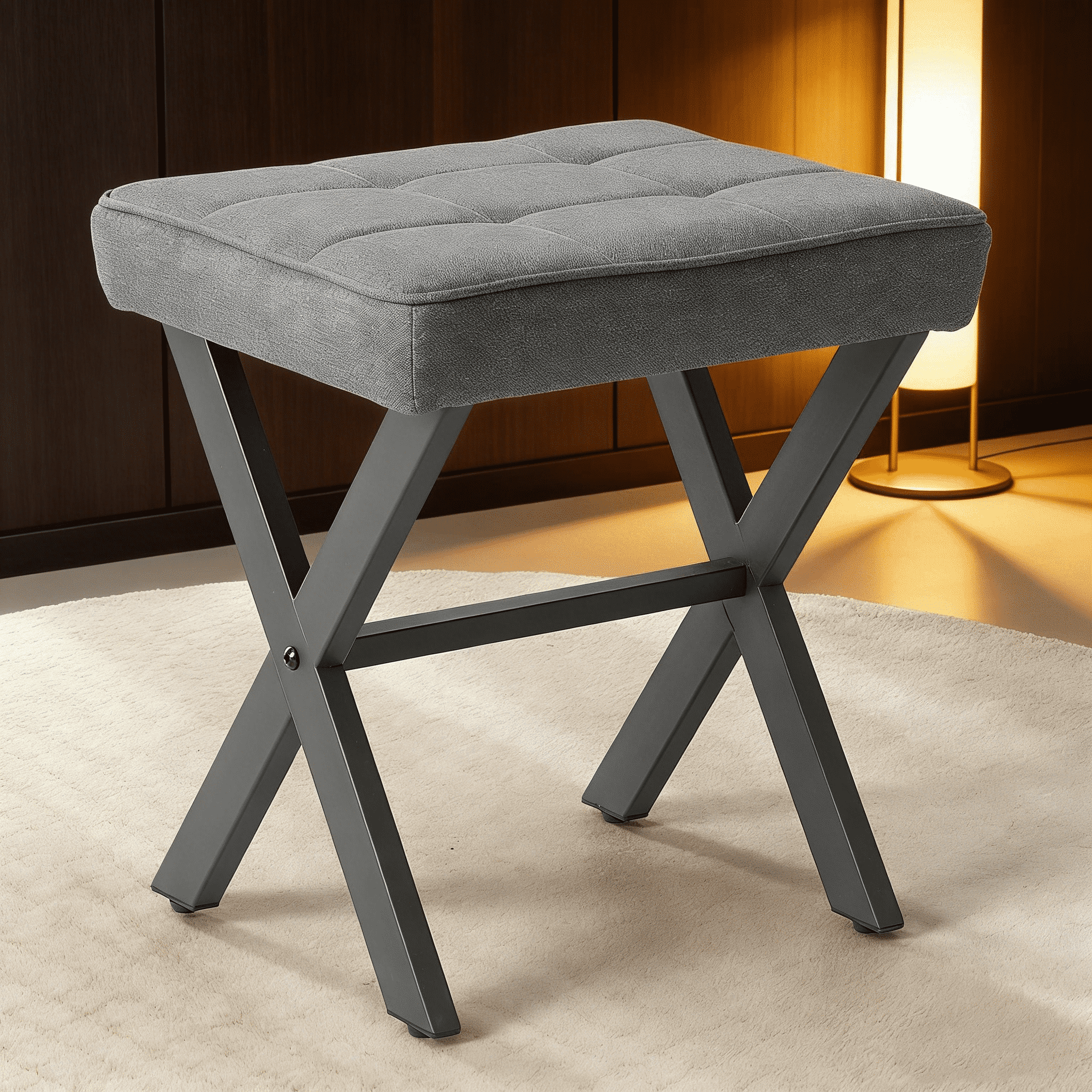 Vanity Stool Ottoman, Square Linen Makeup Stool with Metal X Legs ...