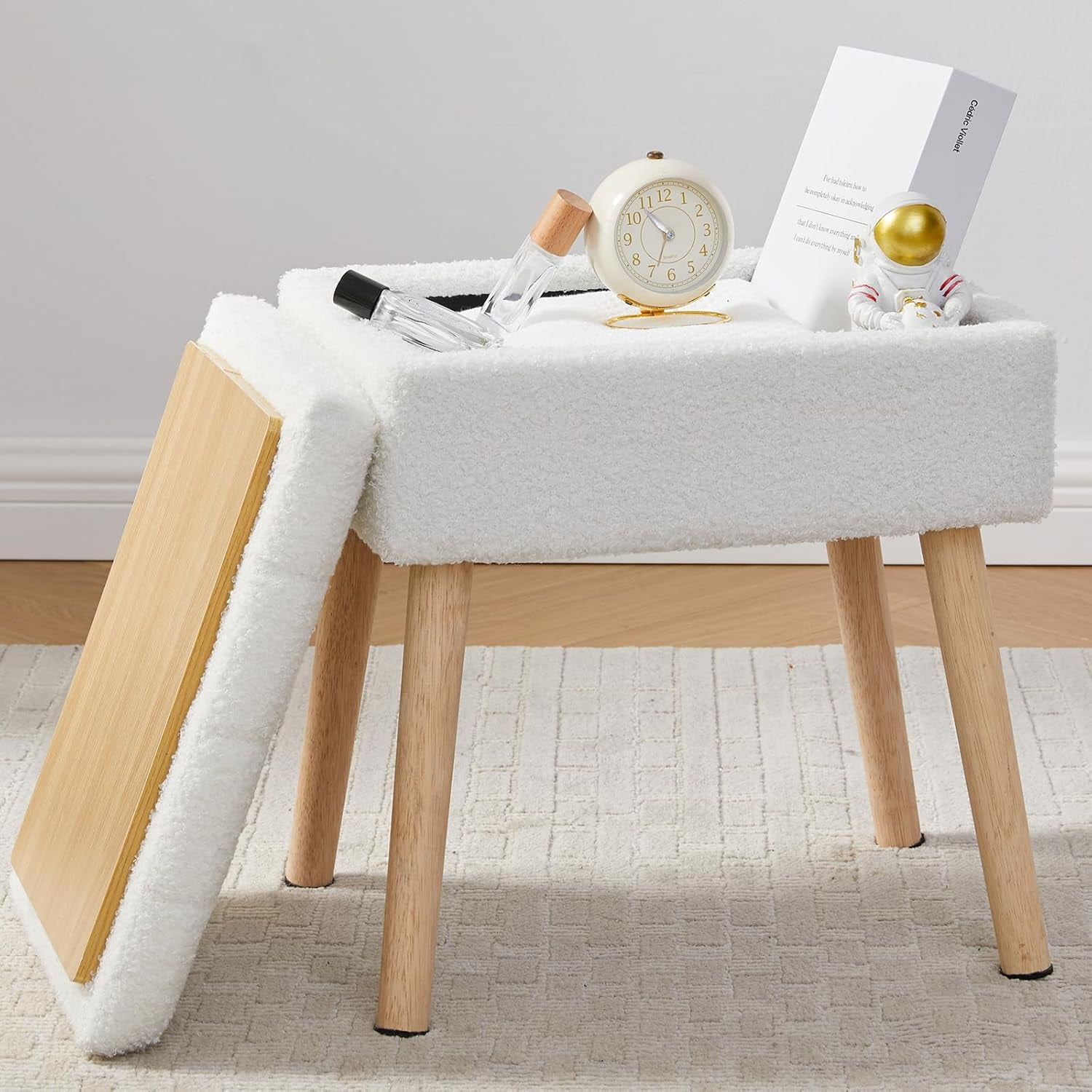Vanity Stool, Sherpa Vanity Stool Chair with Storage, Rectangle Makeup ...