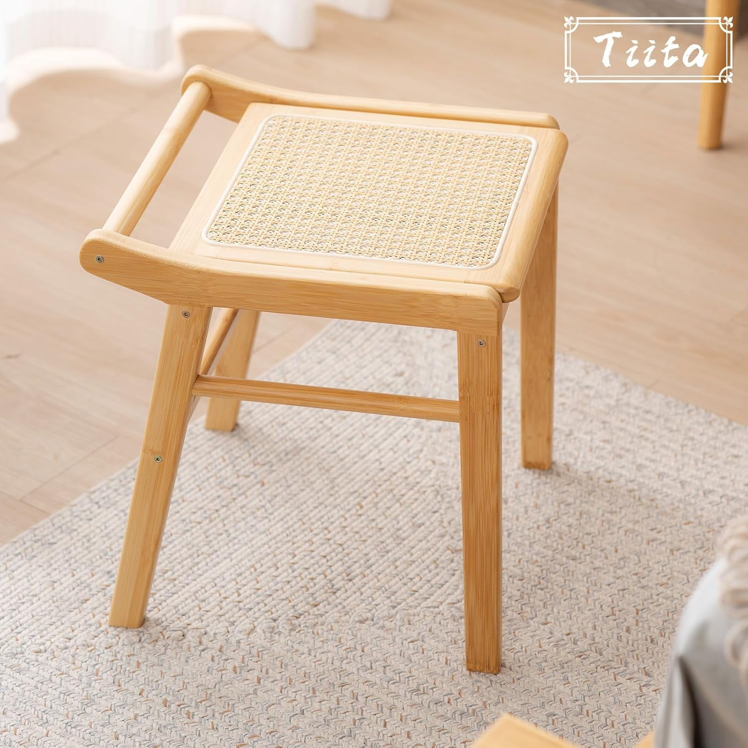 Vanity Stool – Square Rattan Makeup Stool, Modern Bamboo Dressing Chair ...