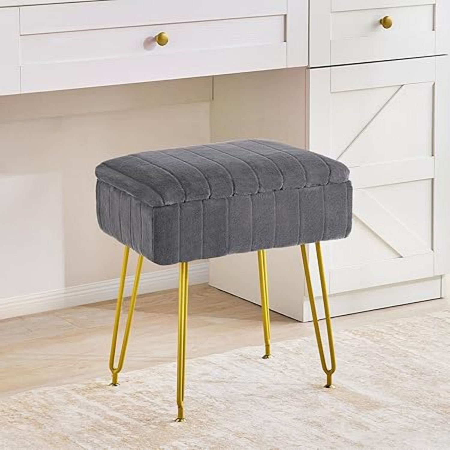 Vanity Stool with Storage, Vanity Stool Chair, Faux Fur Vanity Chair ...