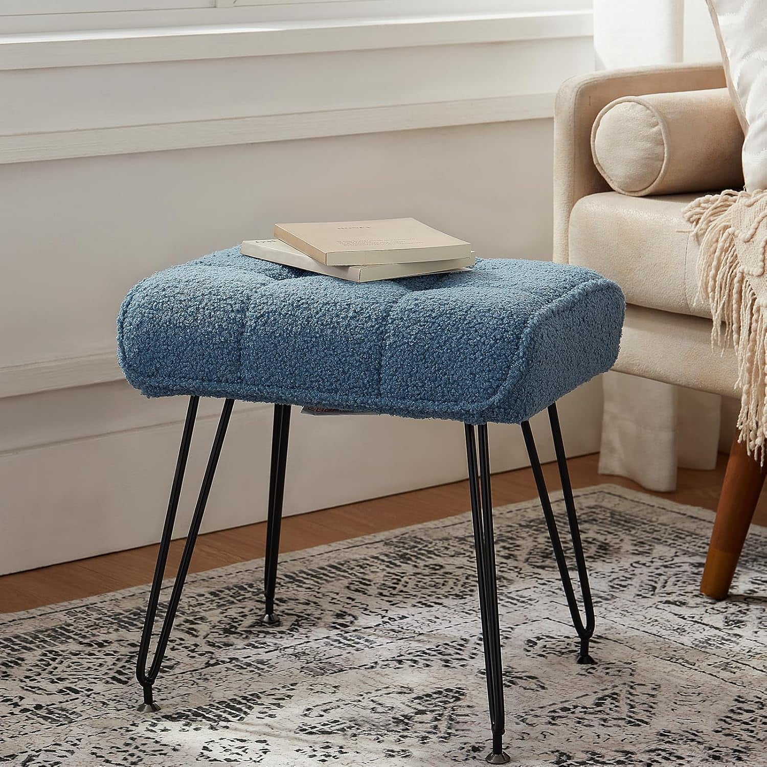 Vanity Stool, Teddy Fur Foot Ottoman With Metal Leg, Padded Seating ...