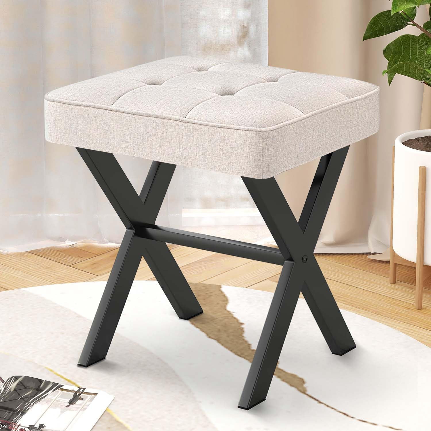 Vanity Stool with Black Metal X-Leg,Small Make up Stool for Vanity,18 ...