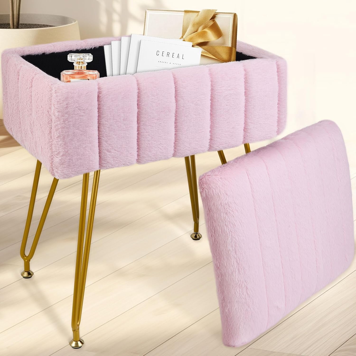 Vanity Stool with Storage, Faux Fur Makeup Stool with Metal Legs ...