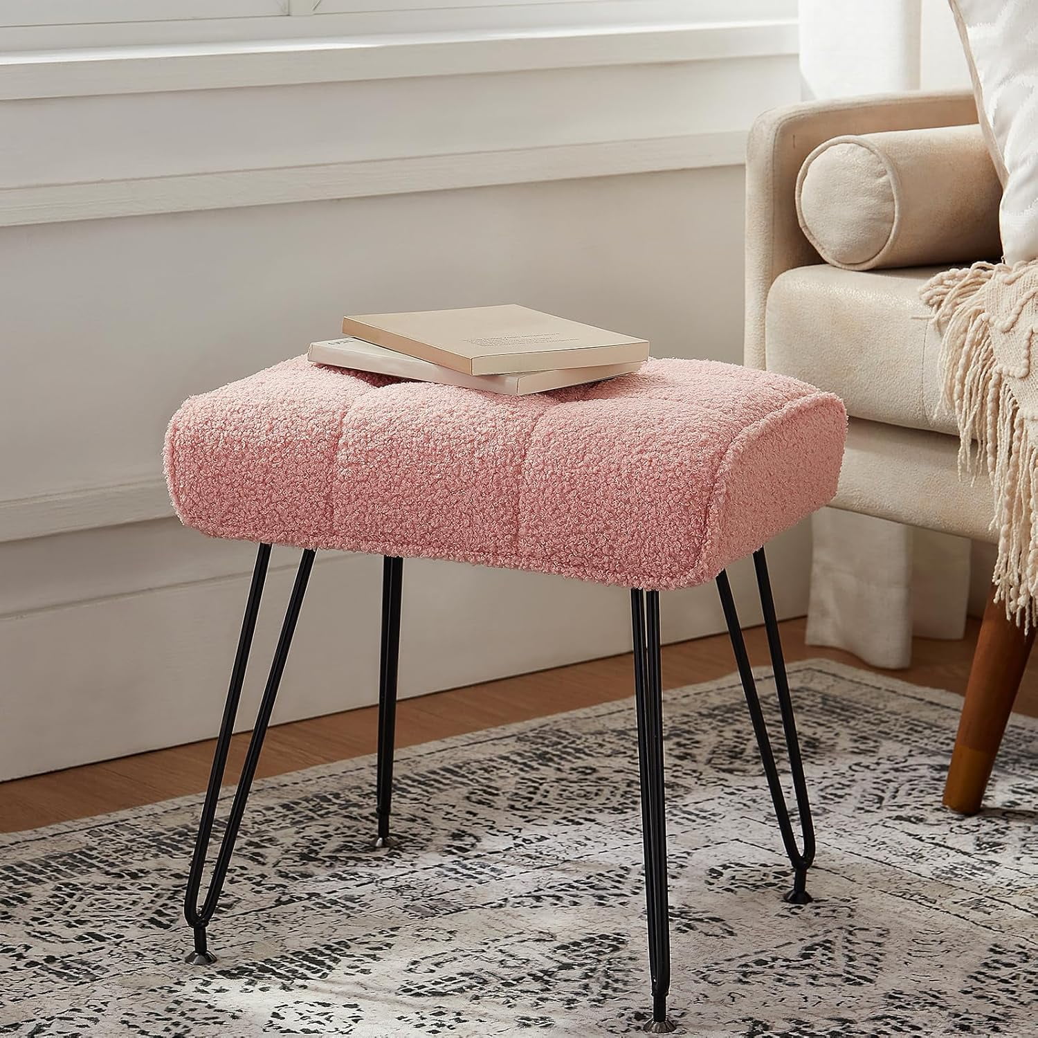 Vanity Stools, Teddy Fur Foot Stools Ottoman with Metal Leg Vanity ...