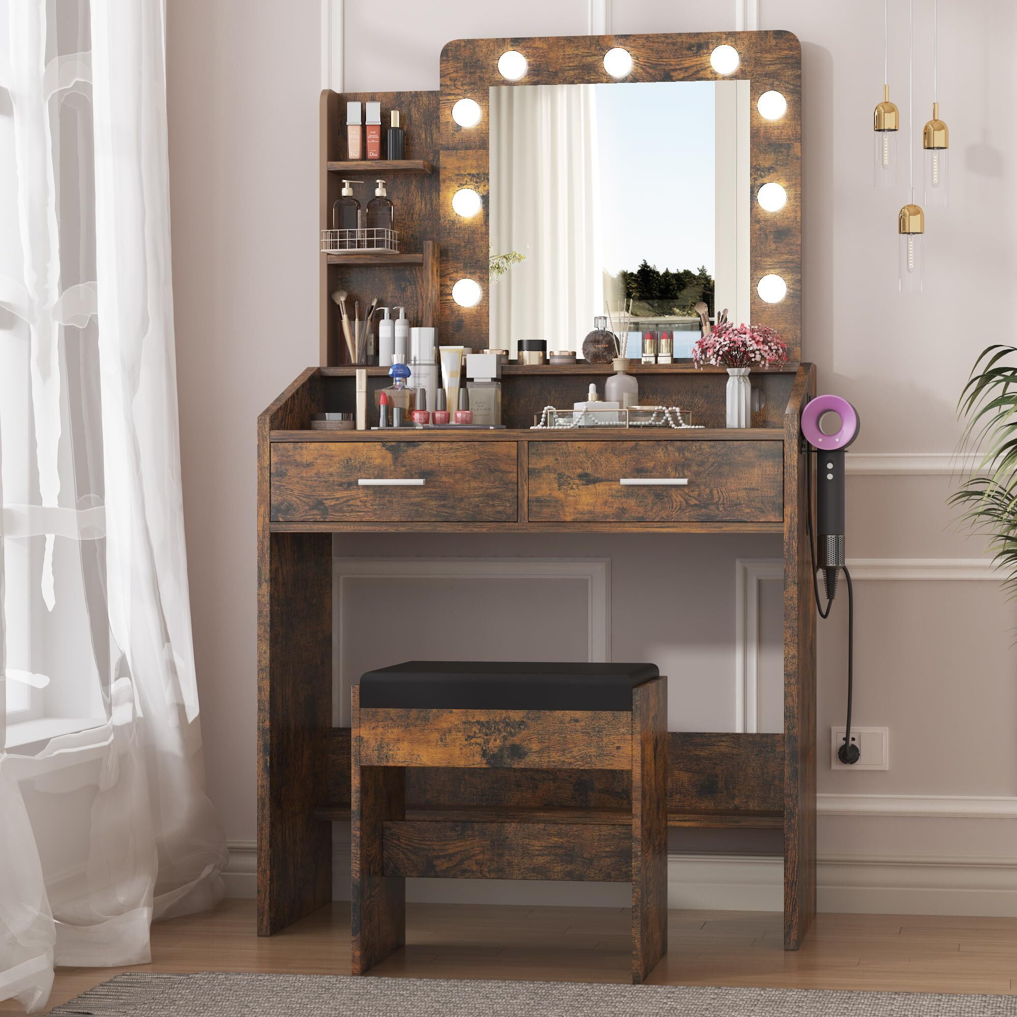 Vanity Table 9 LED Lights, 2 Drawers Makeup Dressing Desk with ...