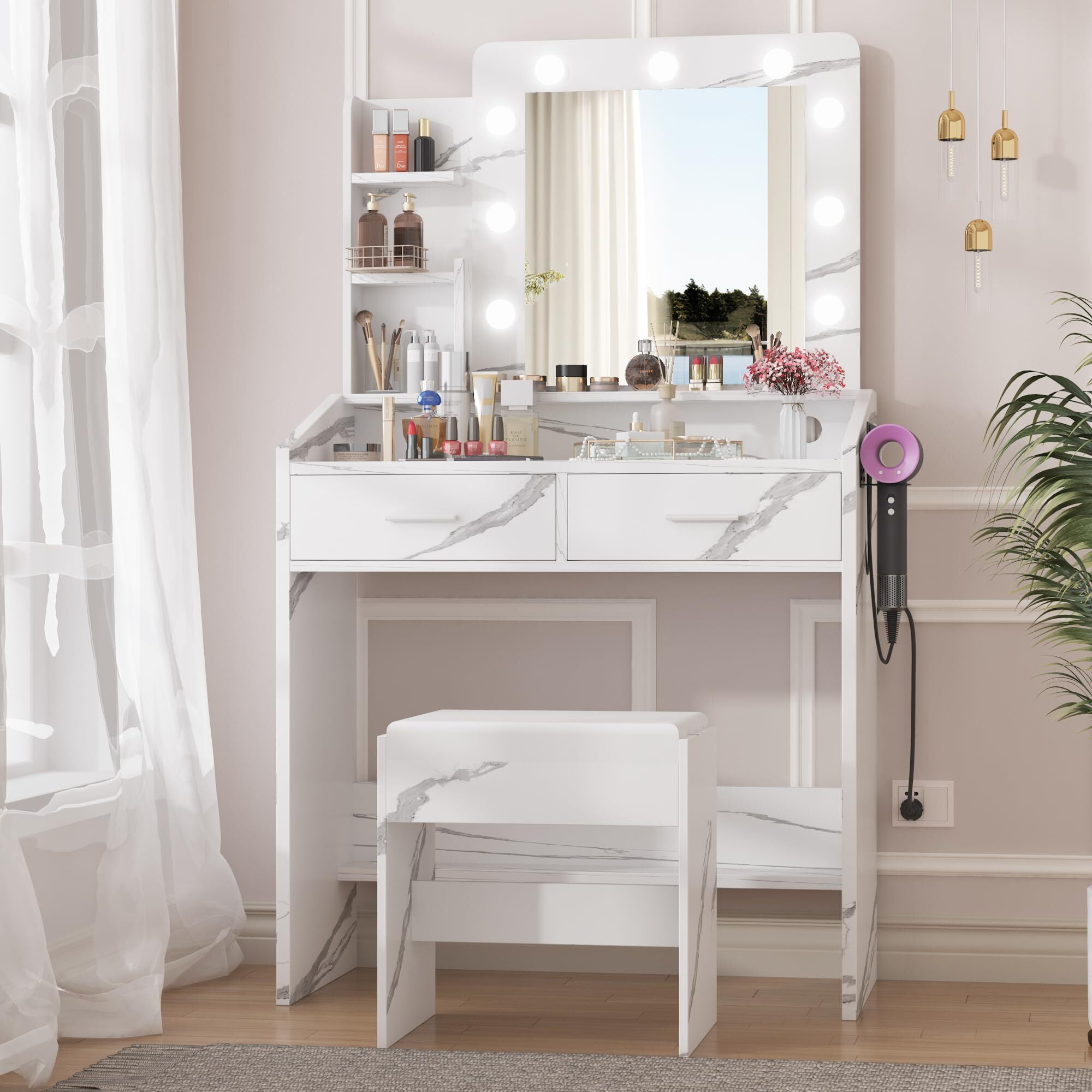 Vanity Table 9 LED Lights, 2 Drawers Makeup Dressing Desk with ...