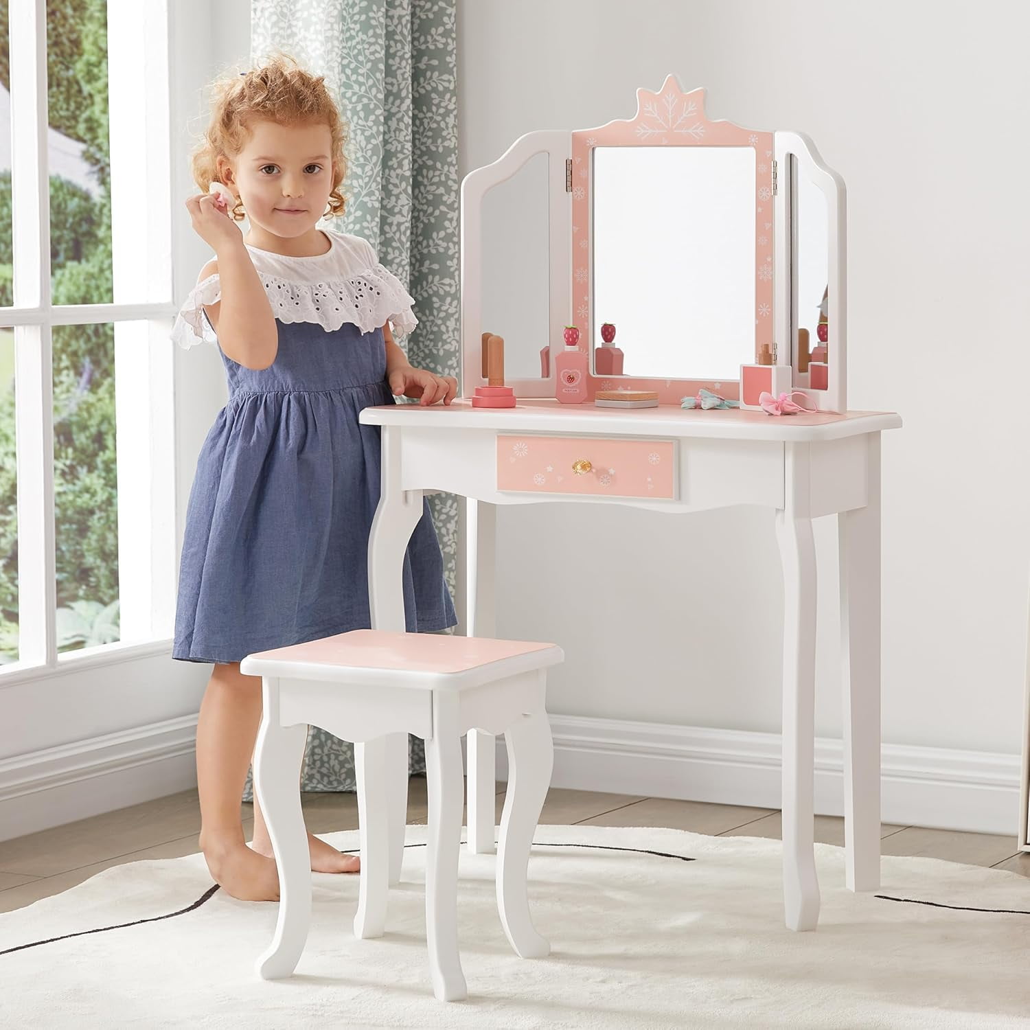 Vanity Table and Chair Set, Girls Vanity Set with Mirror and Stool, Tri ...