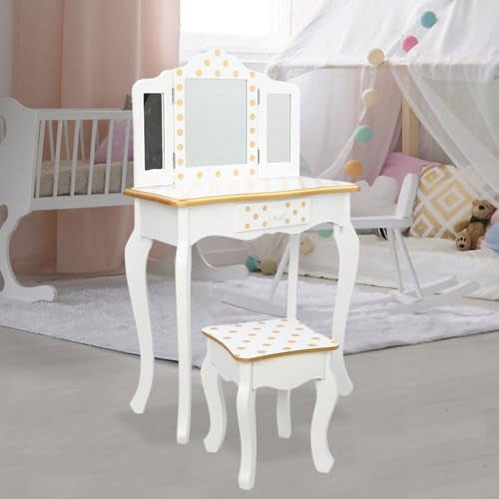 Vanity Table and Chair Set Vanity Set with Tri-Folding Mirror and Stool ...