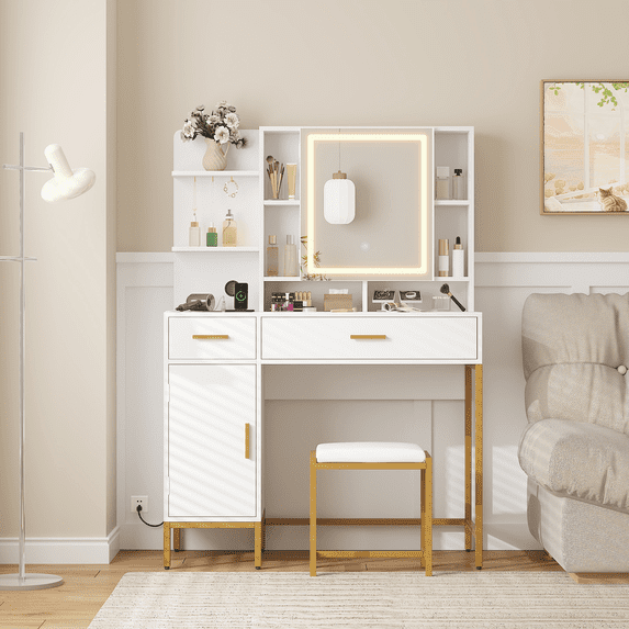 Vanity Table with Lighted Mirror, 3 Lighting Modes Adjustable Makeup ...