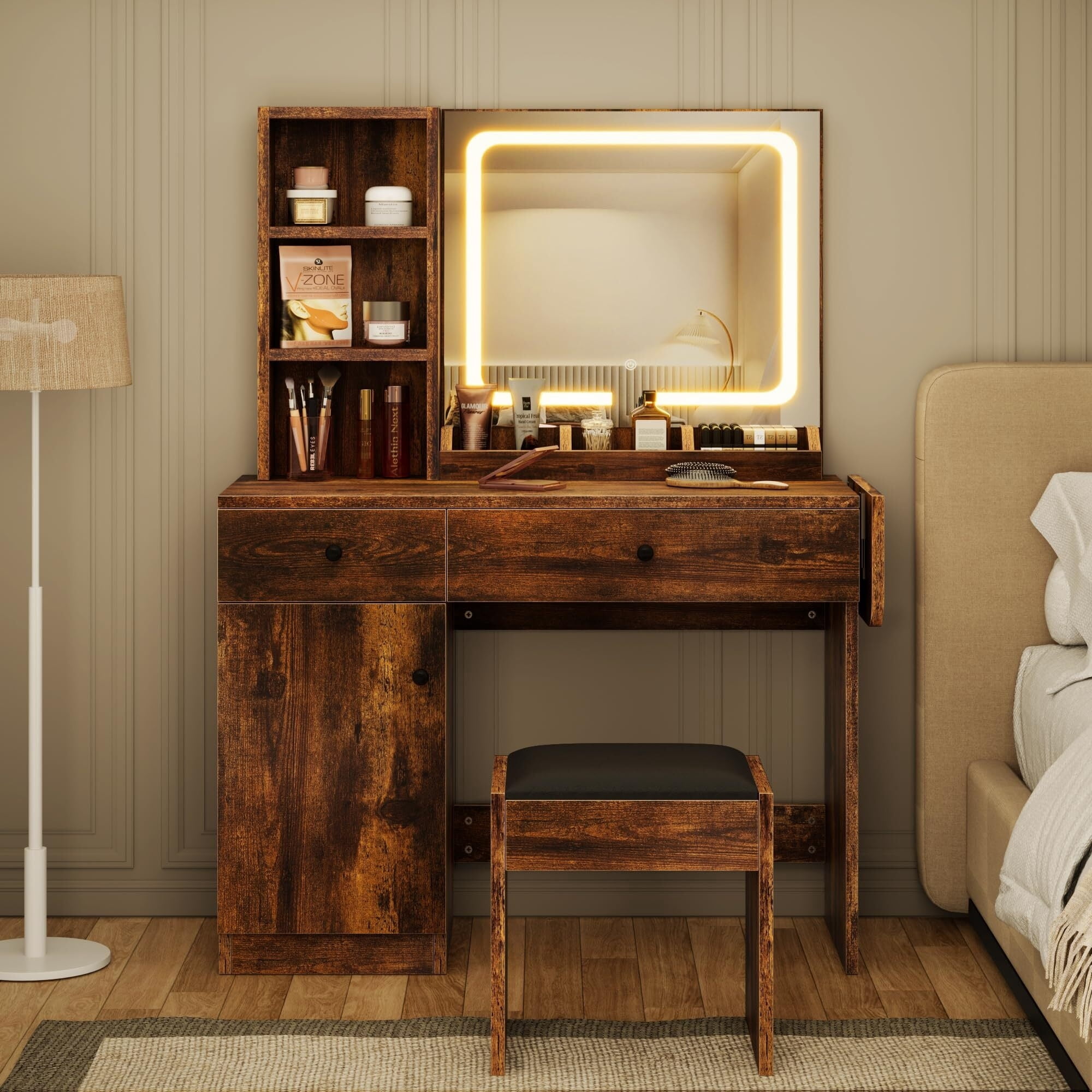 Vanity Table, Makeup Vanity Set with LED Light and Mirror Brown ...