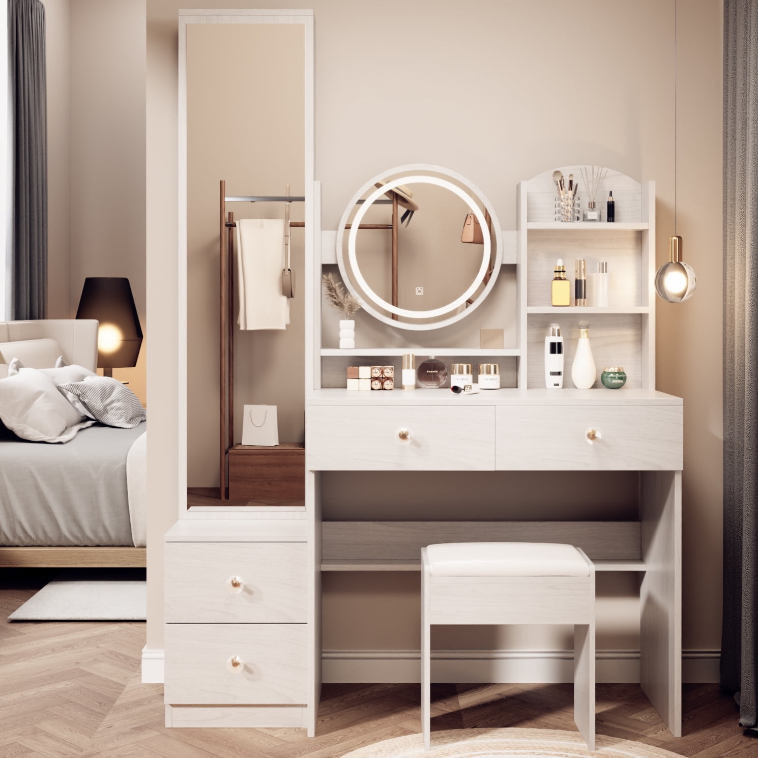 Vanity Table Set with Cushioned Stool & Round LED Mirror, Brightness ...