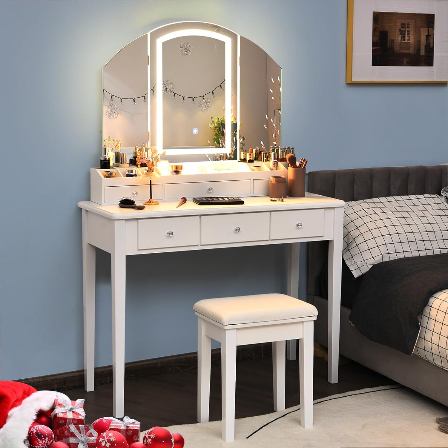 Vanity Table Set with Lighted Tri-Folding Mirror, Vanity Desk with 3 ...