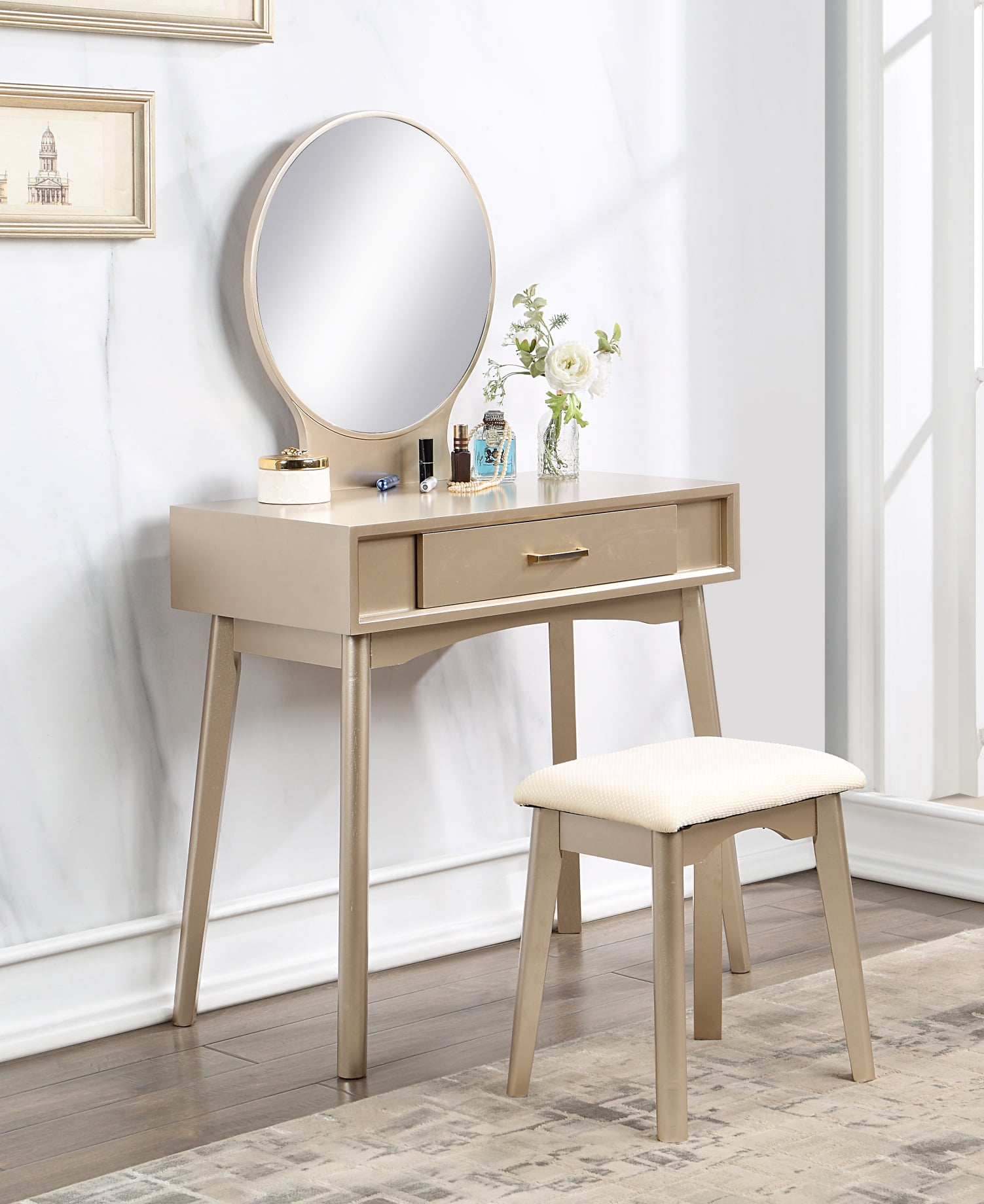 Vanity Table Set, Makeup Vanity Table with Round Mirror, Vanity Set ...