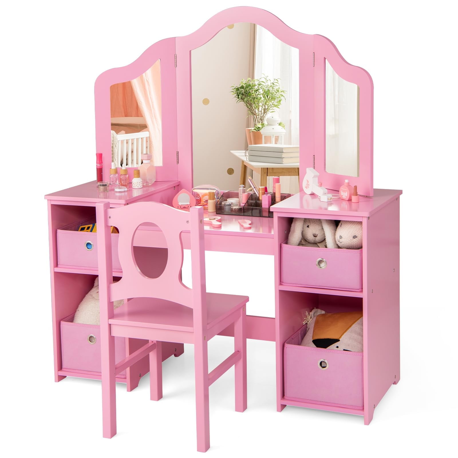 Vanity Table Set, Wooden Makeup Desk with Chair, 4 Drawers & Tri ...