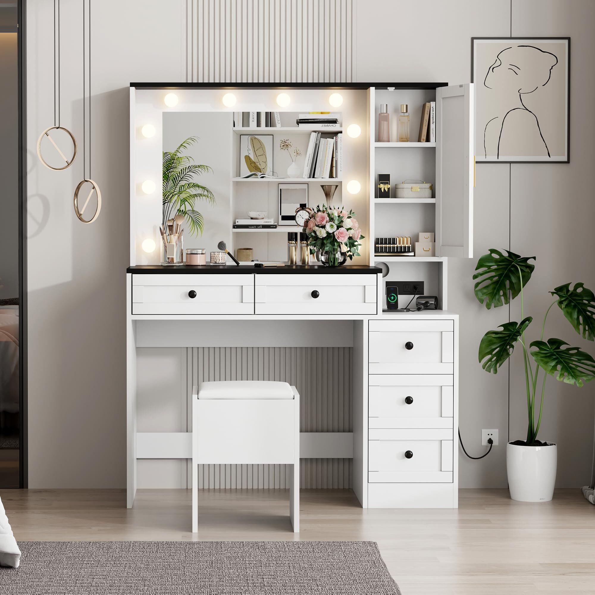 Vanity Table Set with 3 Color Lighted Mirror, Makeup Vanity Desk with 5 ...