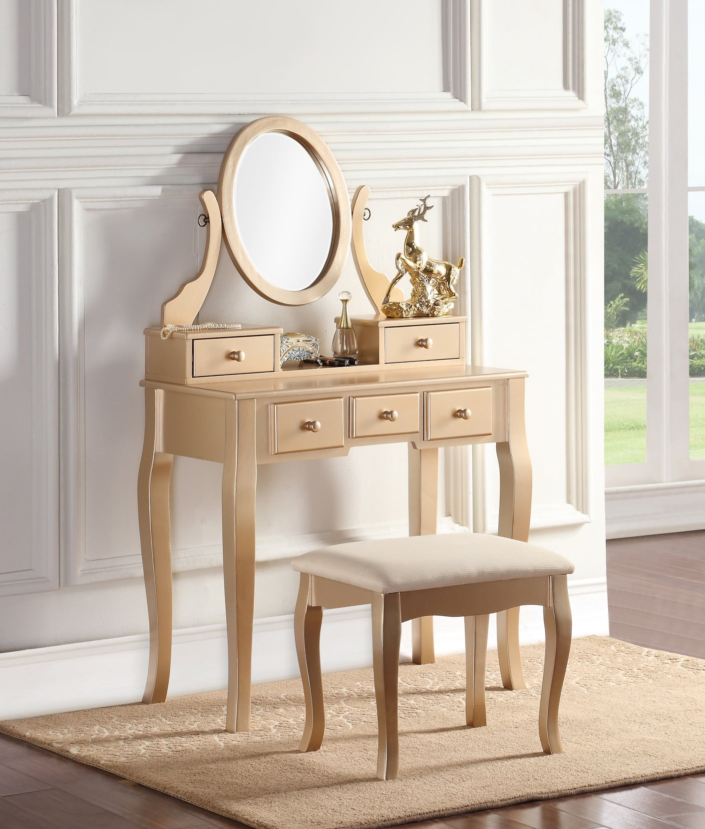 Vanity Table Set with 5 Drawers, Makeup Dressing Table w/Cushioned ...