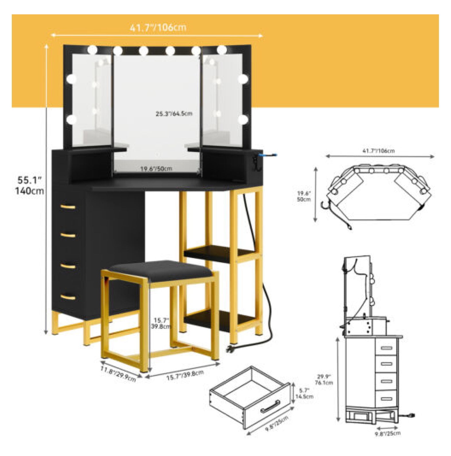 Vanity Table Set with LED Lighted Mirror & stool Makeup Dressing ...