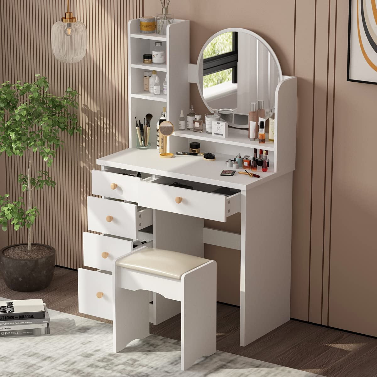 Vanity Table Set with Lighted Mirror, Makeup Table with 3 Shelves and 5 ...