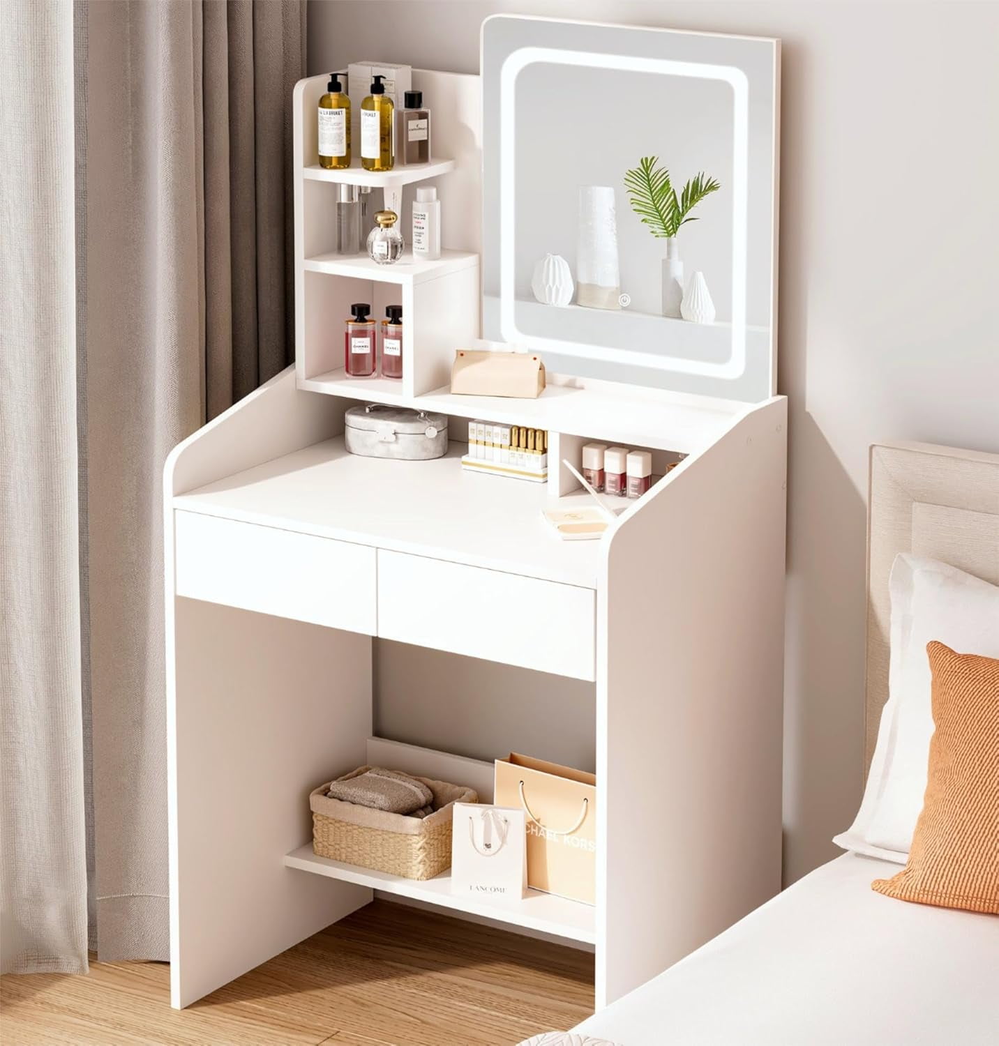 Vanity Table Set with Square Mirror and Light- Vanity Desk with Drawer ...