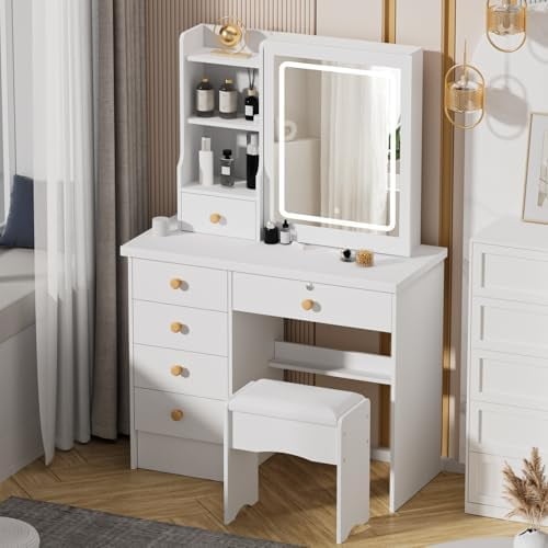 Vanity Table with Sliding Lighted Mirror, Makeup Vanity Desk with ...