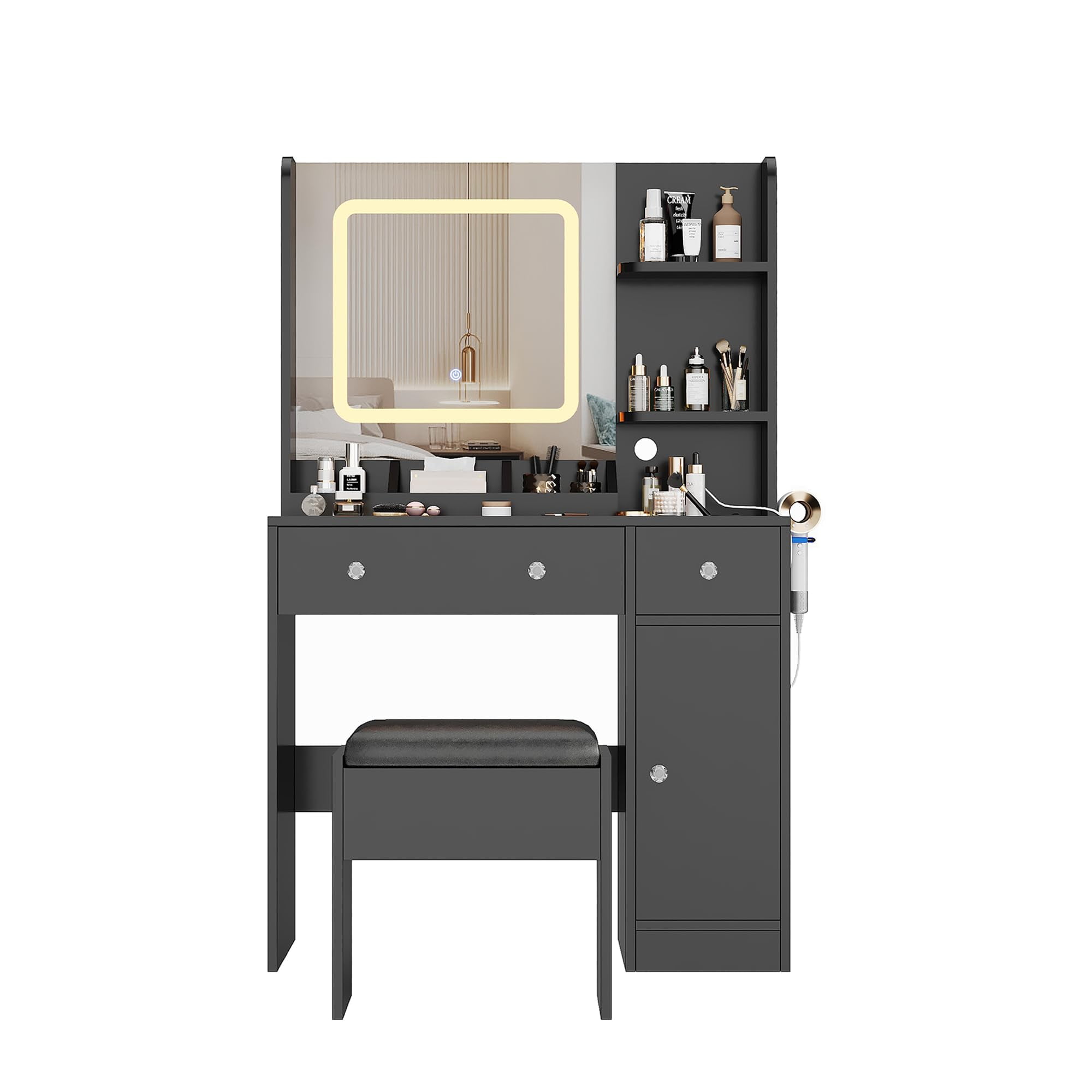 Vanity Table and Stool with Mirror, 3 Lighting Modes Adjustable ...