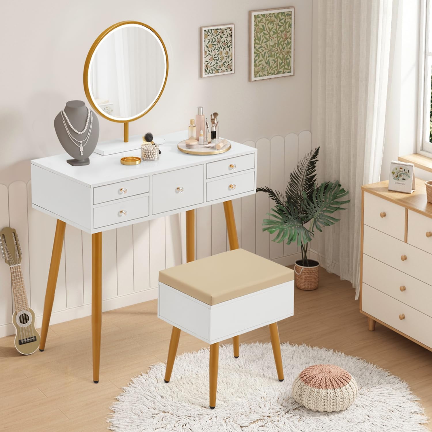 Vanity Table with Storage Stool Set, 5-Drawer Vanity Mirror Desk with ...